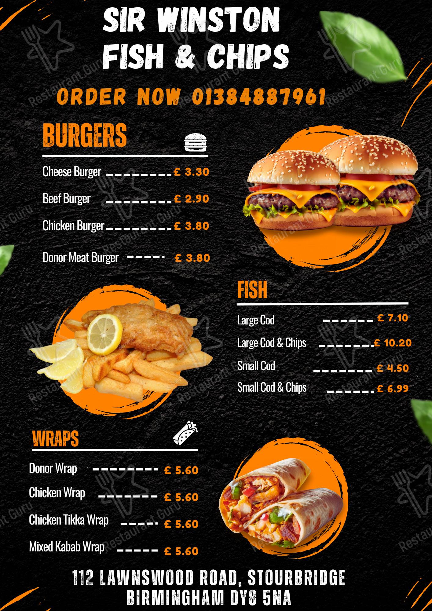 Menu at Sir Winston Fish & Chips restaurant, Stourbridge