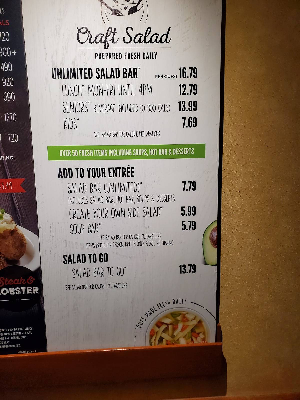 Menu at Sizzler steakhouse, Springfield