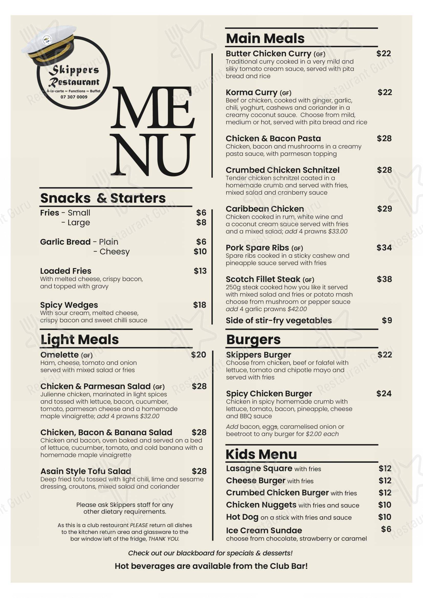 Menu at Skippers Restaurant, Whakatane, Whakatane Sportfishing Club ...