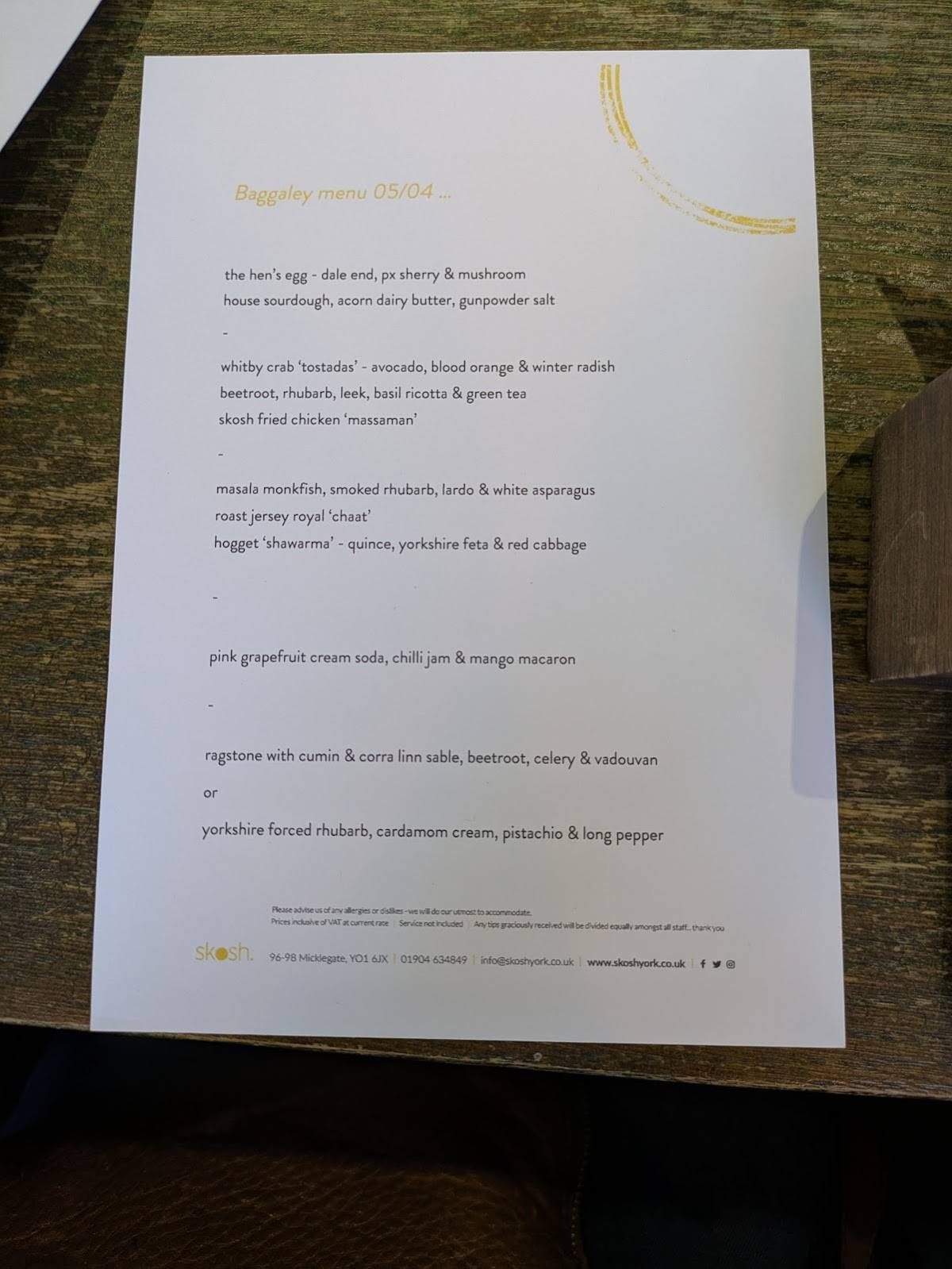 Menu at Skosh restaurant, York