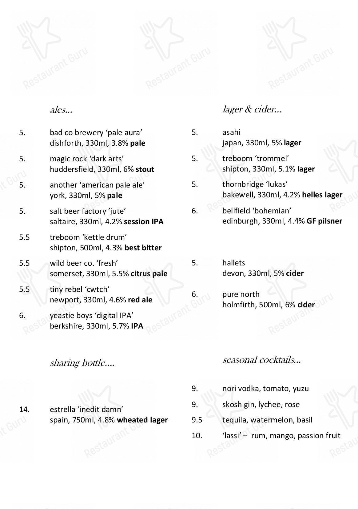 Menu at Skosh restaurant, York