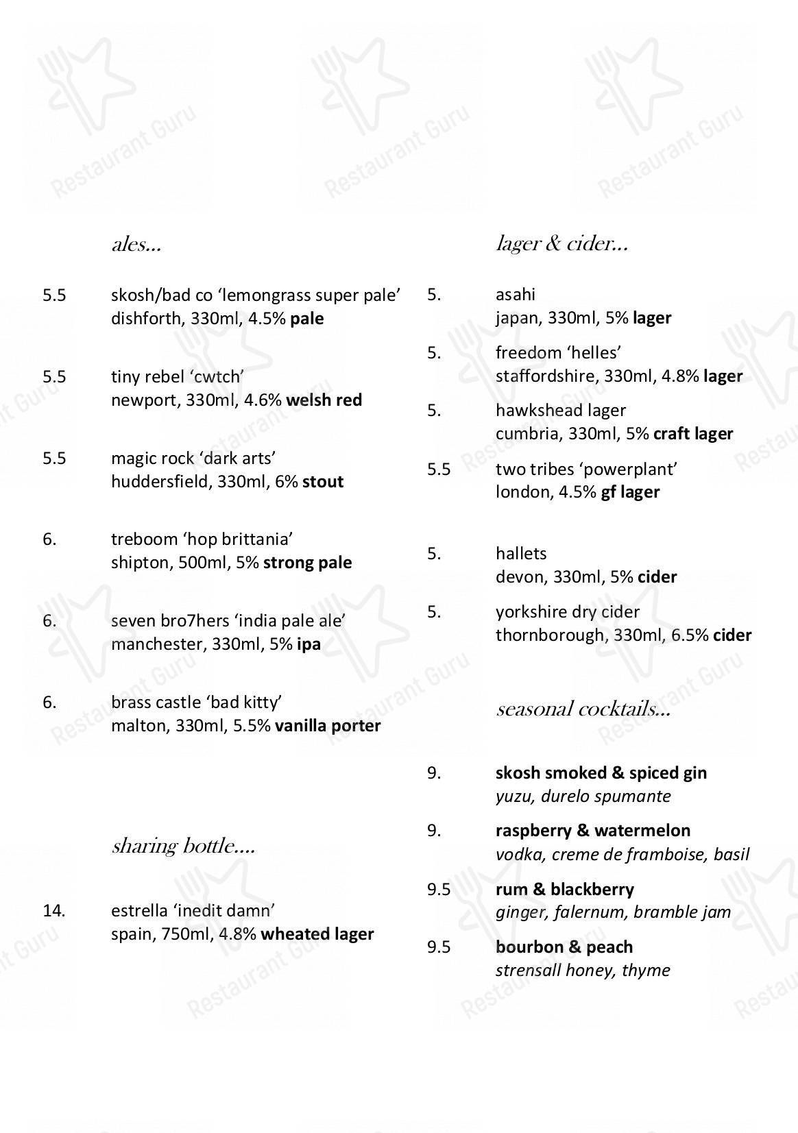Menu at Skosh restaurant, York