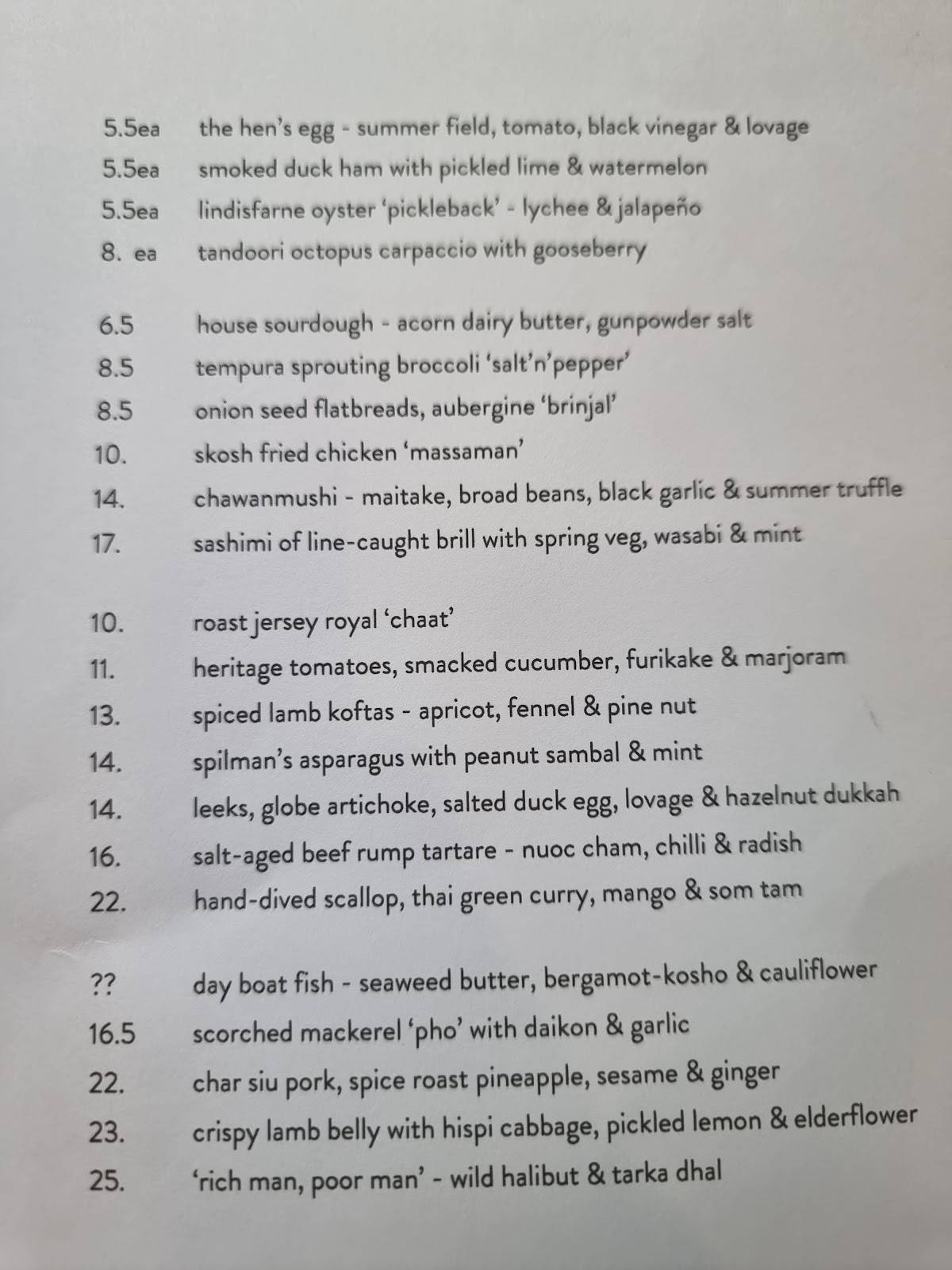 Menu at Skosh restaurant, York