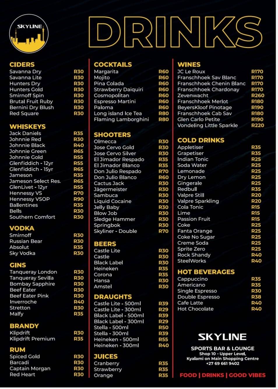 Menu at Skyline Sports Bar Kyalami, Midrand