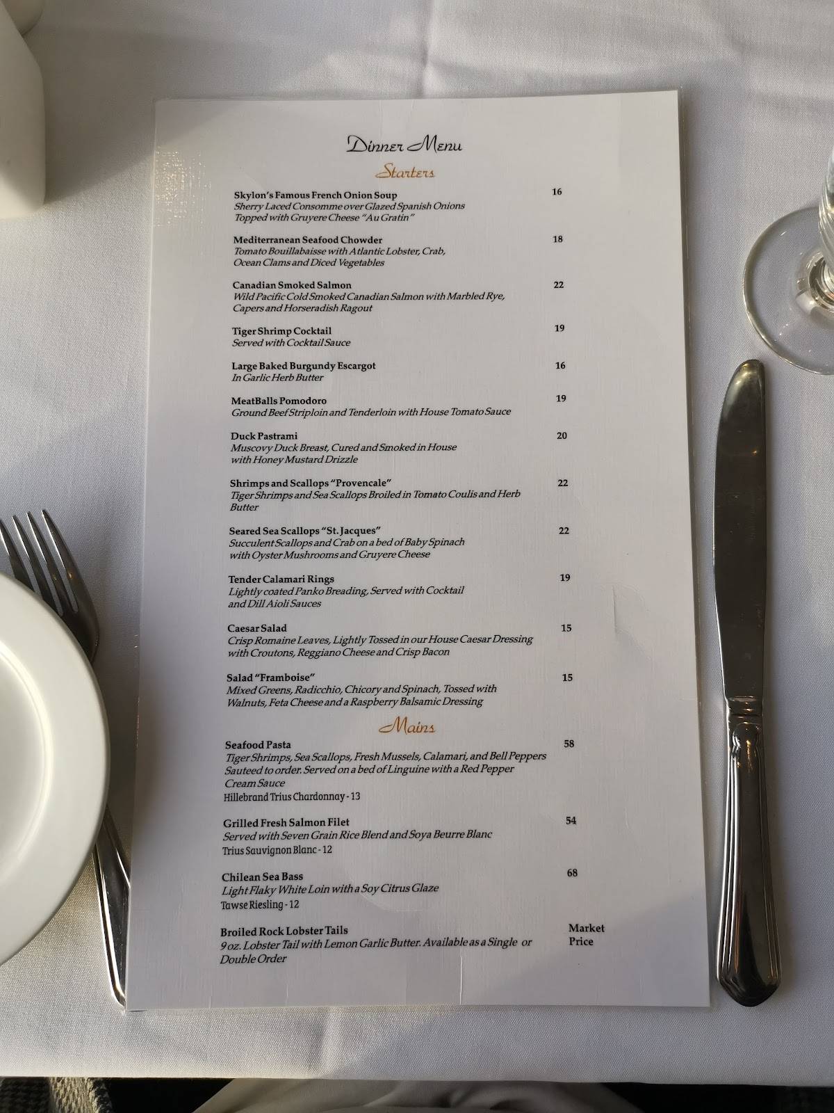 Menu at Skylon Tower Revolving Dining Room restaurant, Niagara Falls