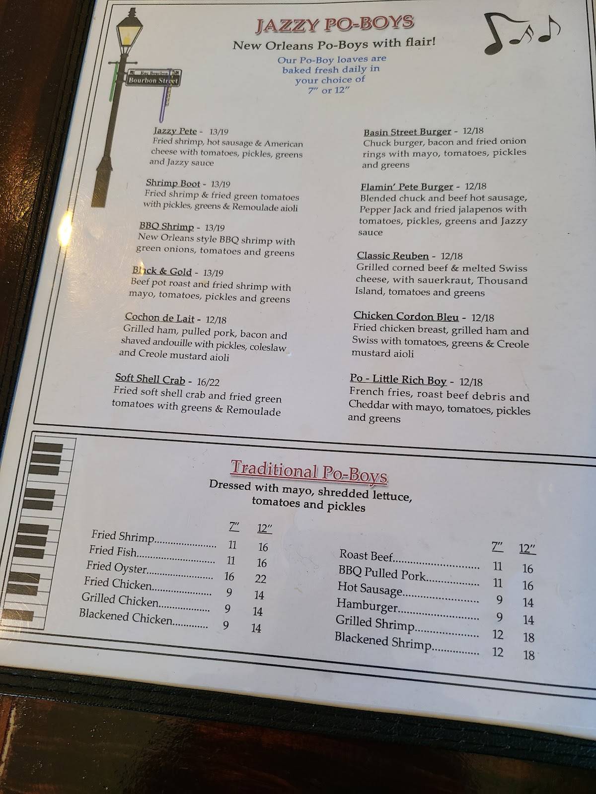 Menu at Jazzy Pete's Poboys restaurant, Slidell