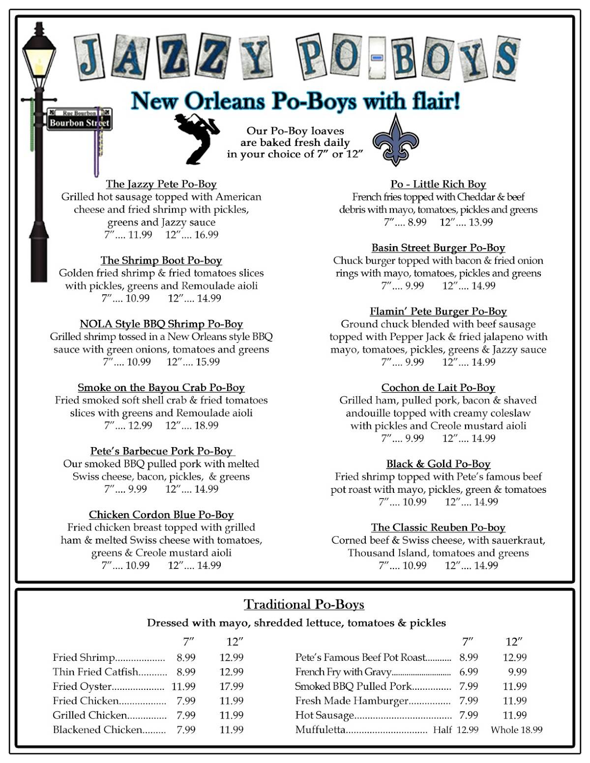 Menu at Jazzy Pete's Poboys restaurant, Slidell