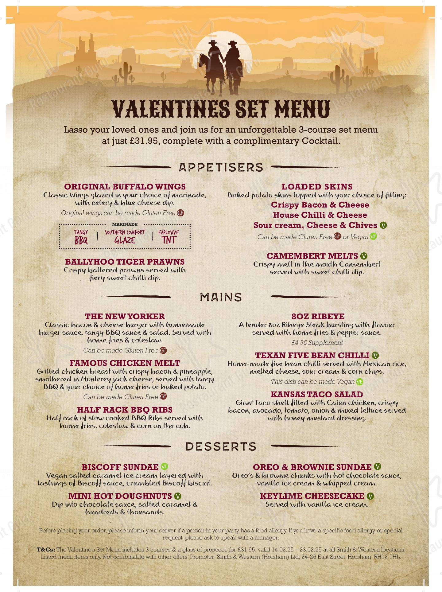 Menu at Smith & Western restaurant, Royal Tunbridge Wells