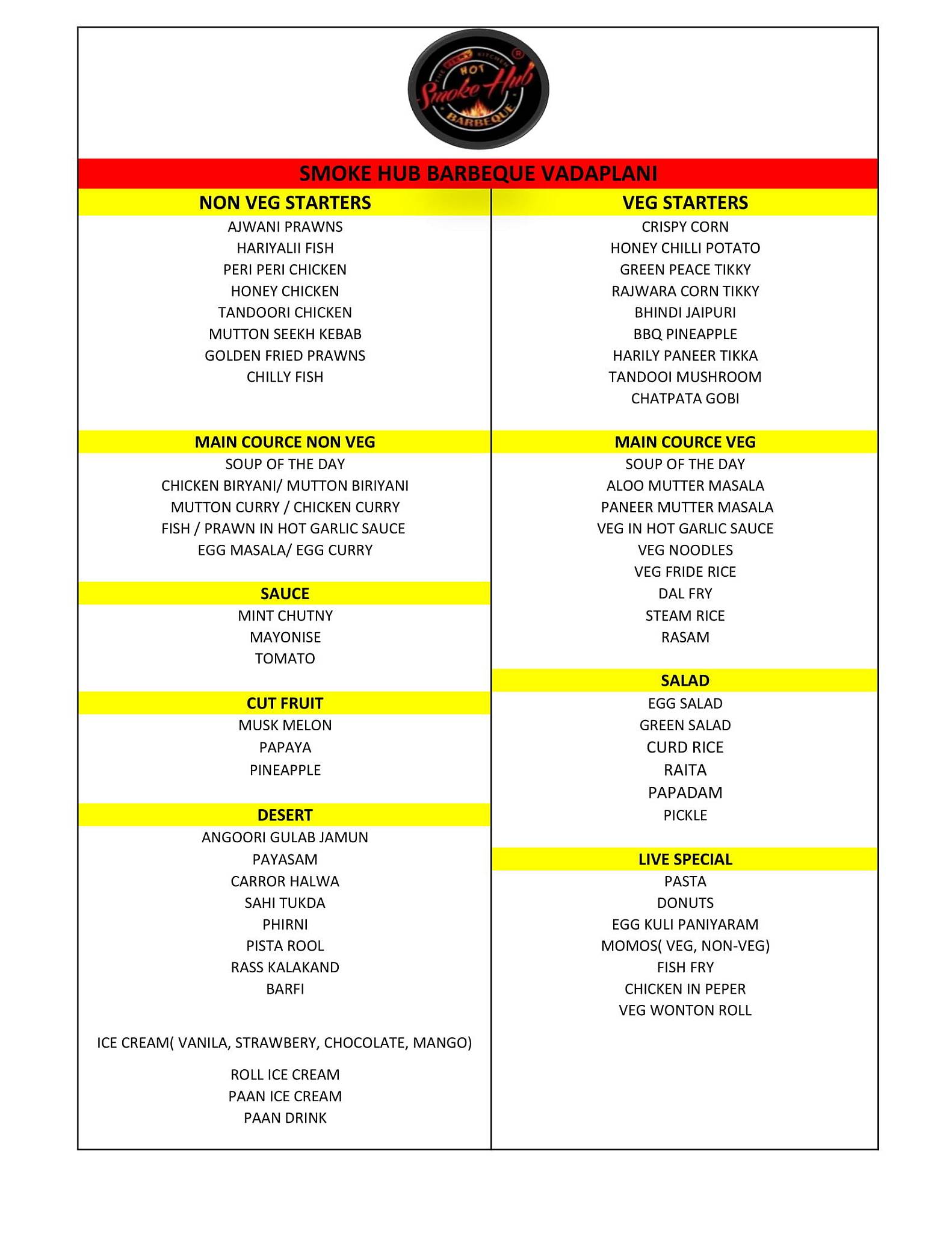 Menu at Smoke Hub BBQ - Chrompet (Pallavaram), Chennai, Kar Towers