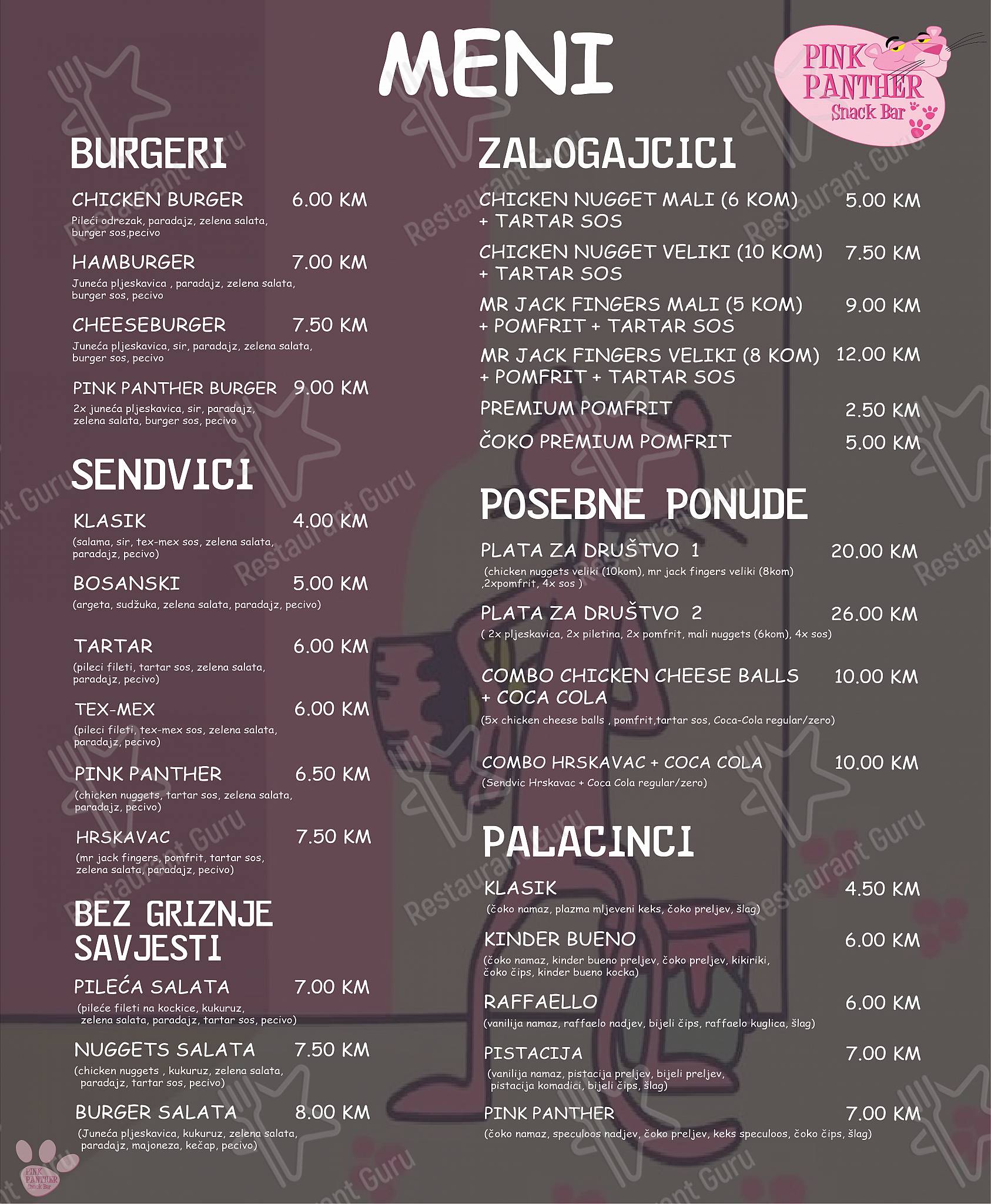 Menu at Snack Bar Pink Panther, Sarajevo,Hrasno - Azize Šaćirbegović bb ...