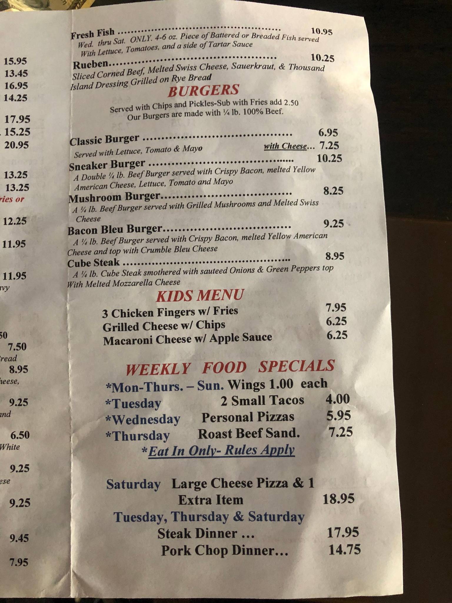 Menu at Sneakers bar, Blasdell