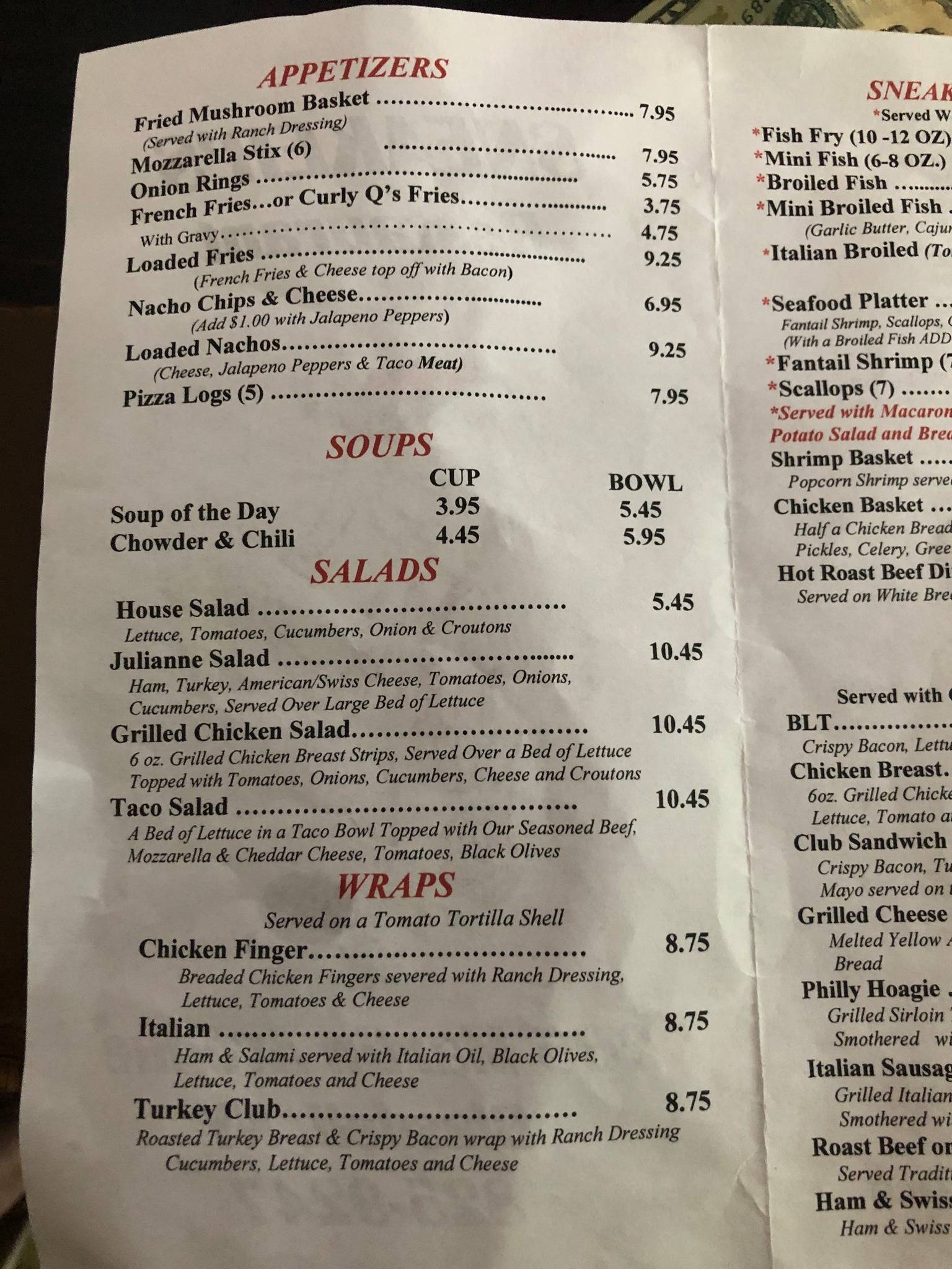 Menu at Sneakers bar, Blasdell