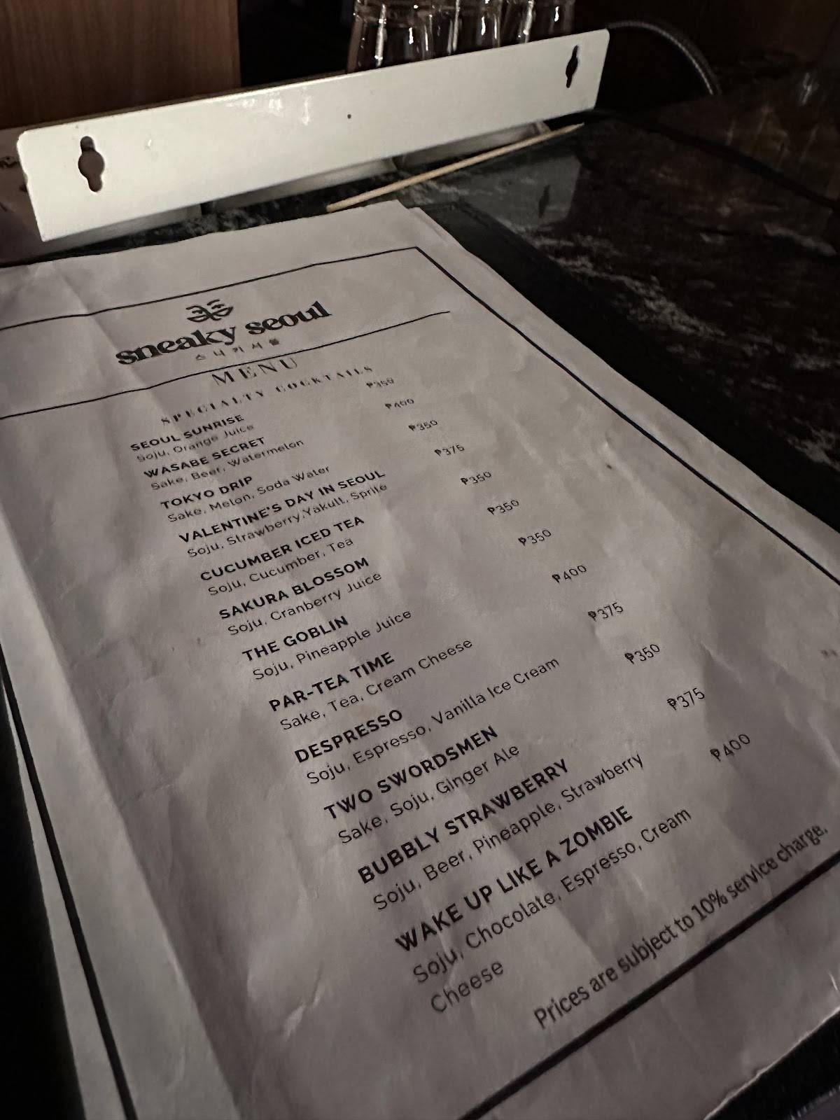 Menu at Sneaky Seoul pub & bar, Quezon City