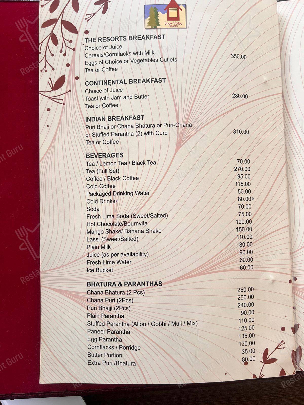 Menu at Snow Valley Resorts, Manali