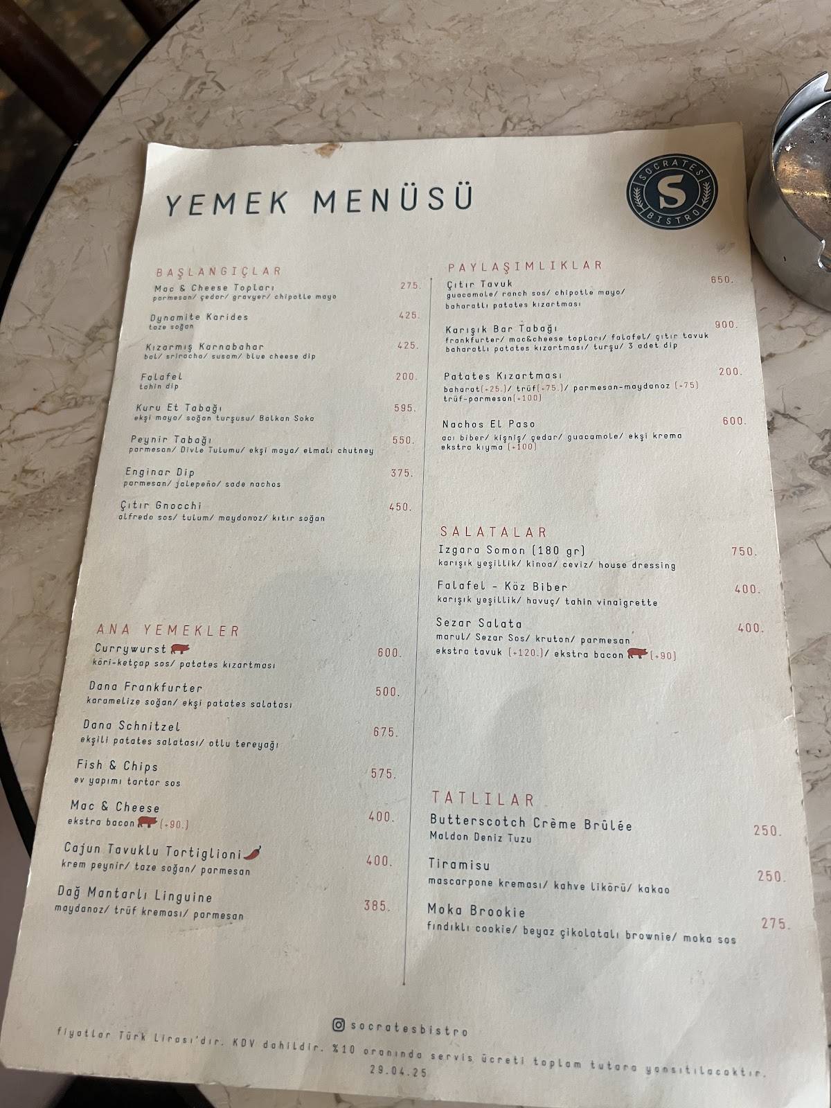 Menu at Socrates Bistro, Istanbul, Teşvikiye Fırın Sk. 6/A