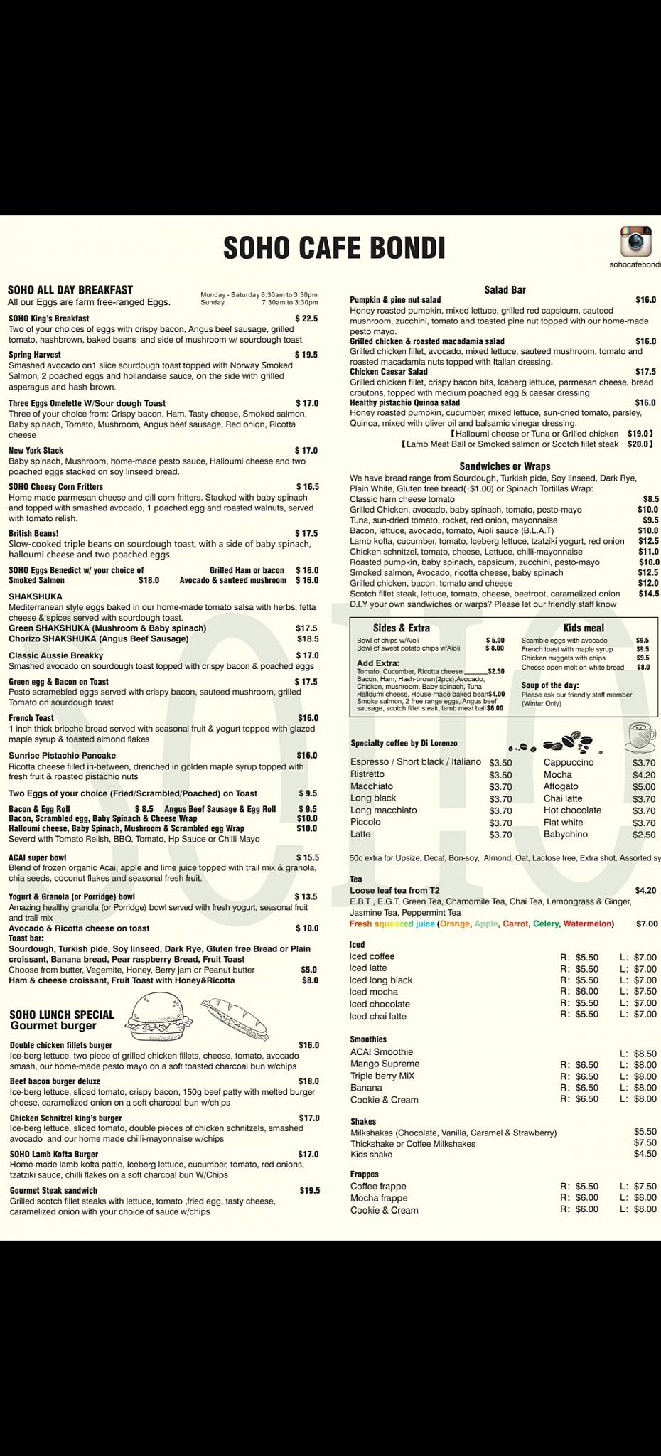 Menu at Soho Cafe Bondi, Bondi Junction