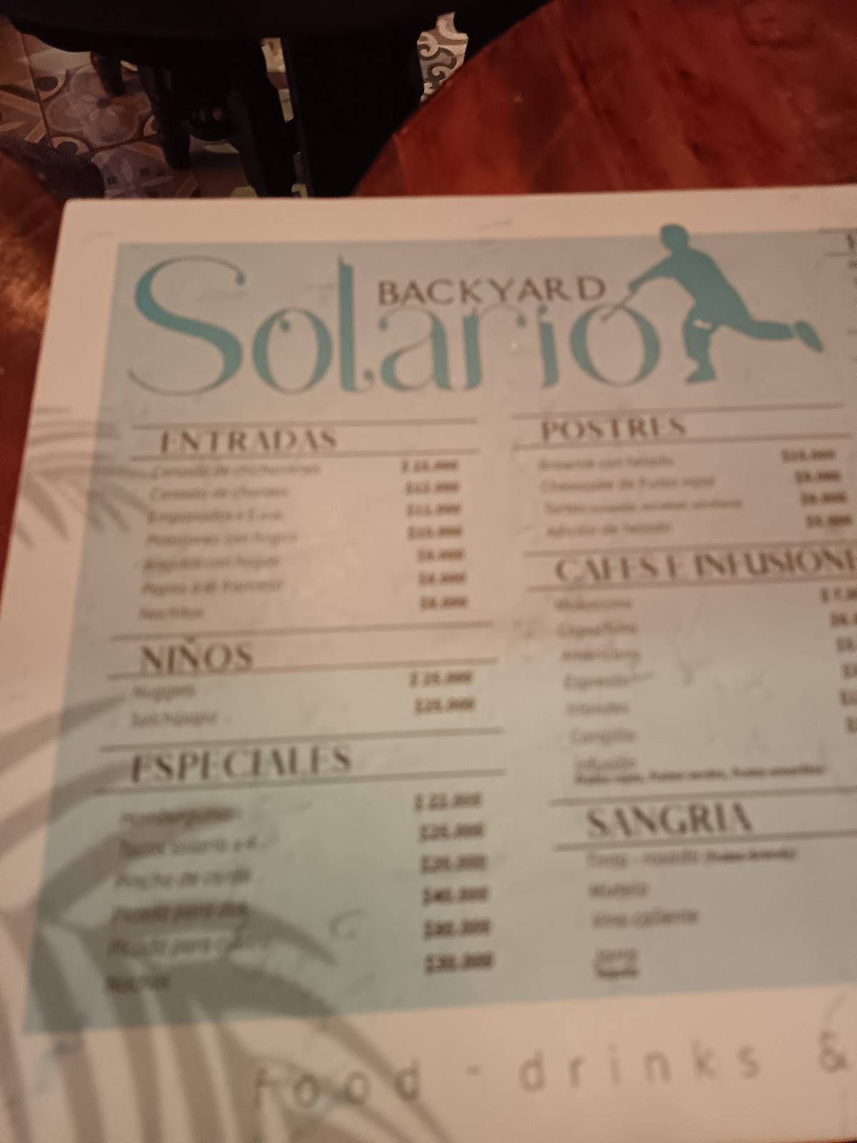 Carta del pub y bar Solario Backyard, Manizales