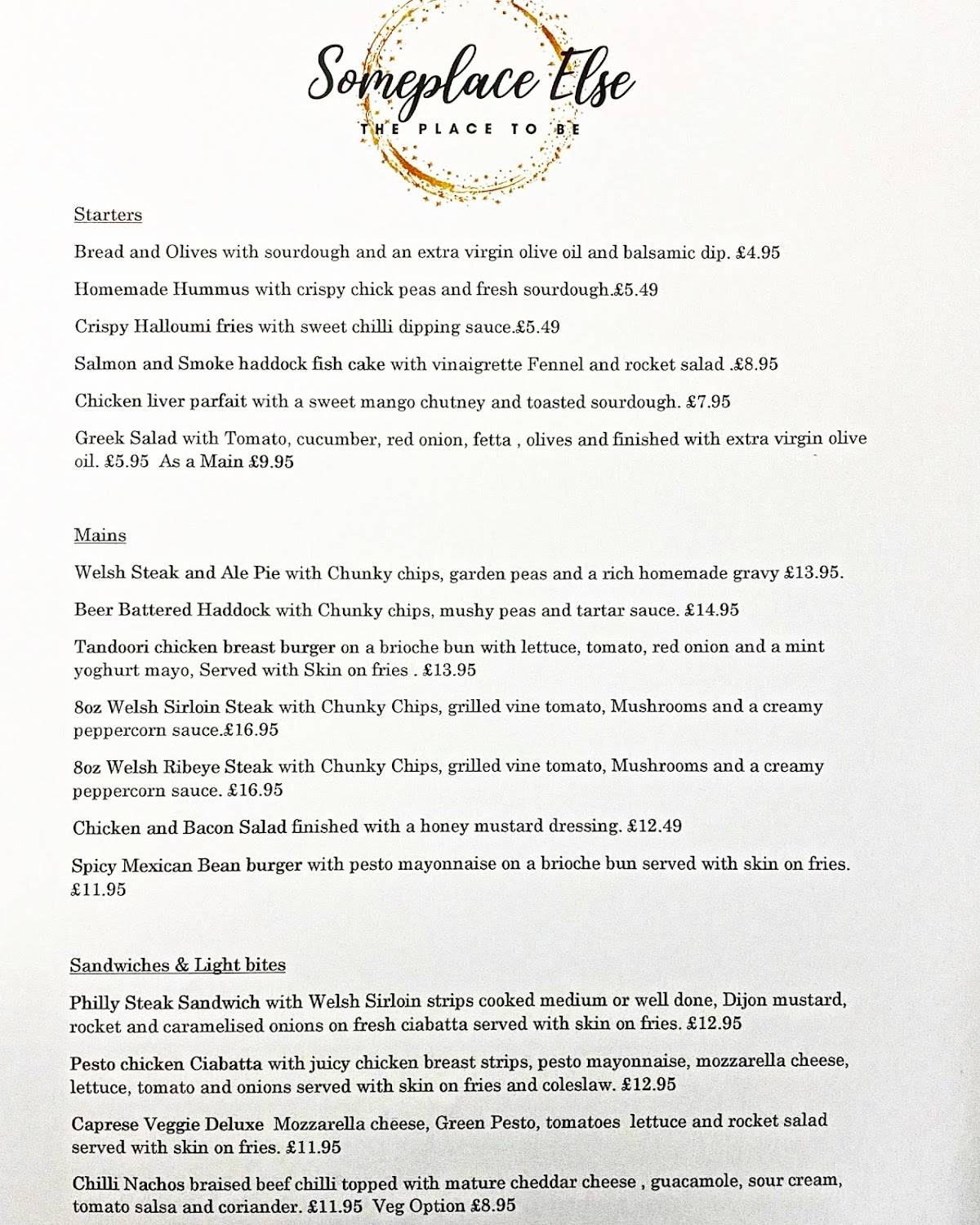 Menu at Someplace Else pub & bar, Llandudno