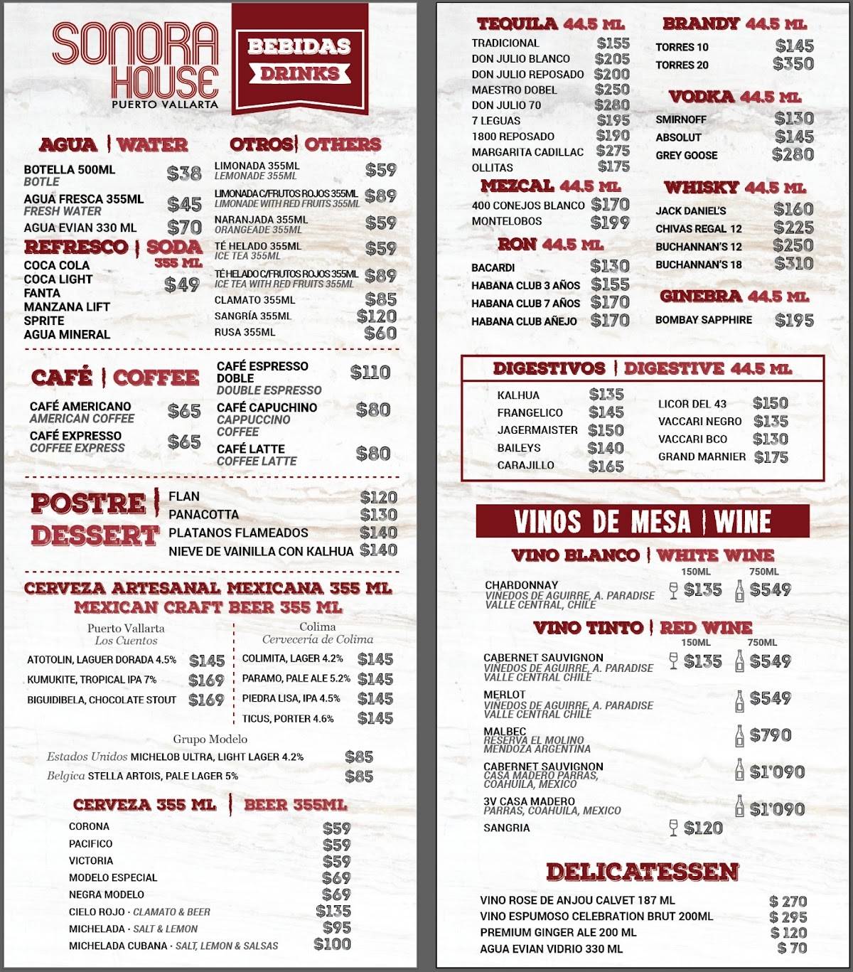 Menu at Sonora House restaurant, Puerto Vallarta