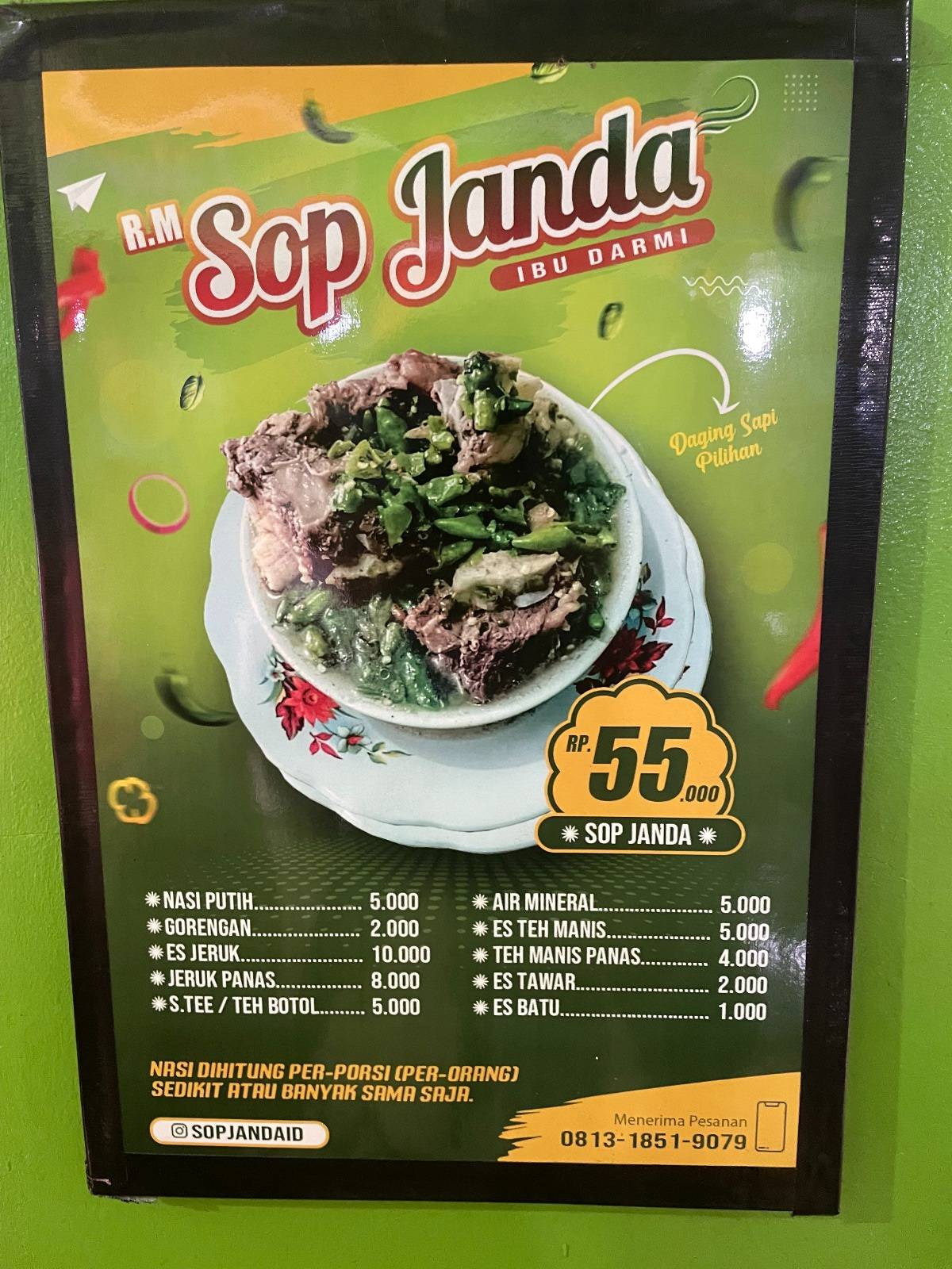 Menu at Sop Janda Ibu Darmi restaurant, Bekasi Regency