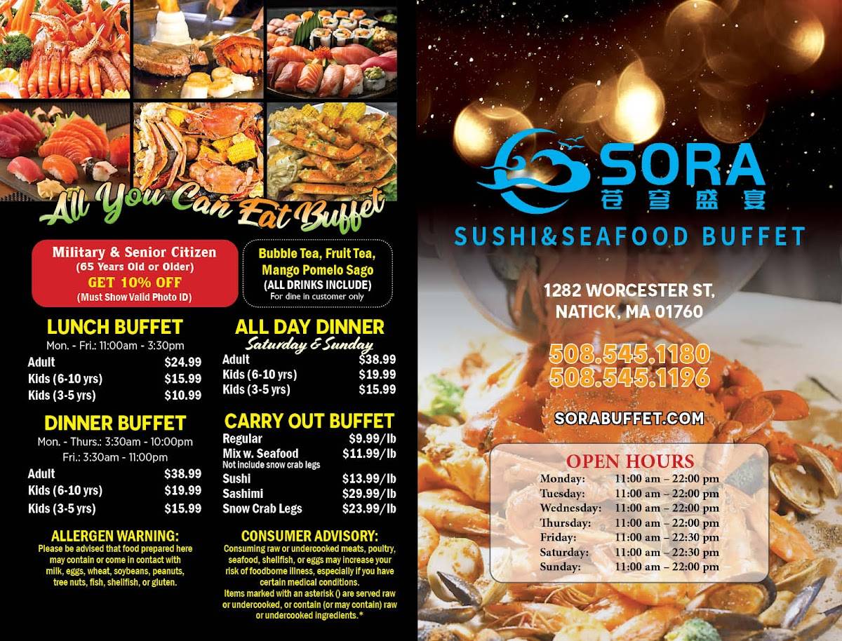 Menu at Sora Sushi & Seafood Buffet restaurant, Natick