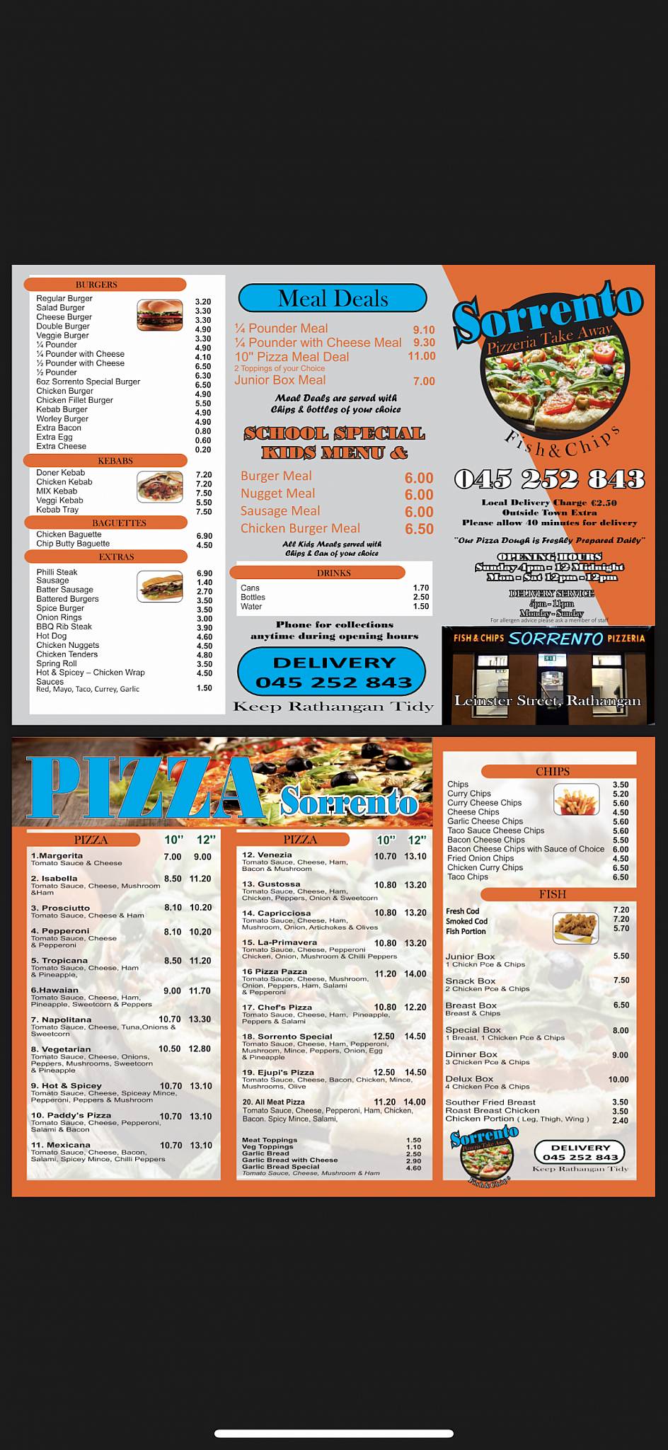 Menu at Sorrento Take Away Limited pizzeria, Rathangan