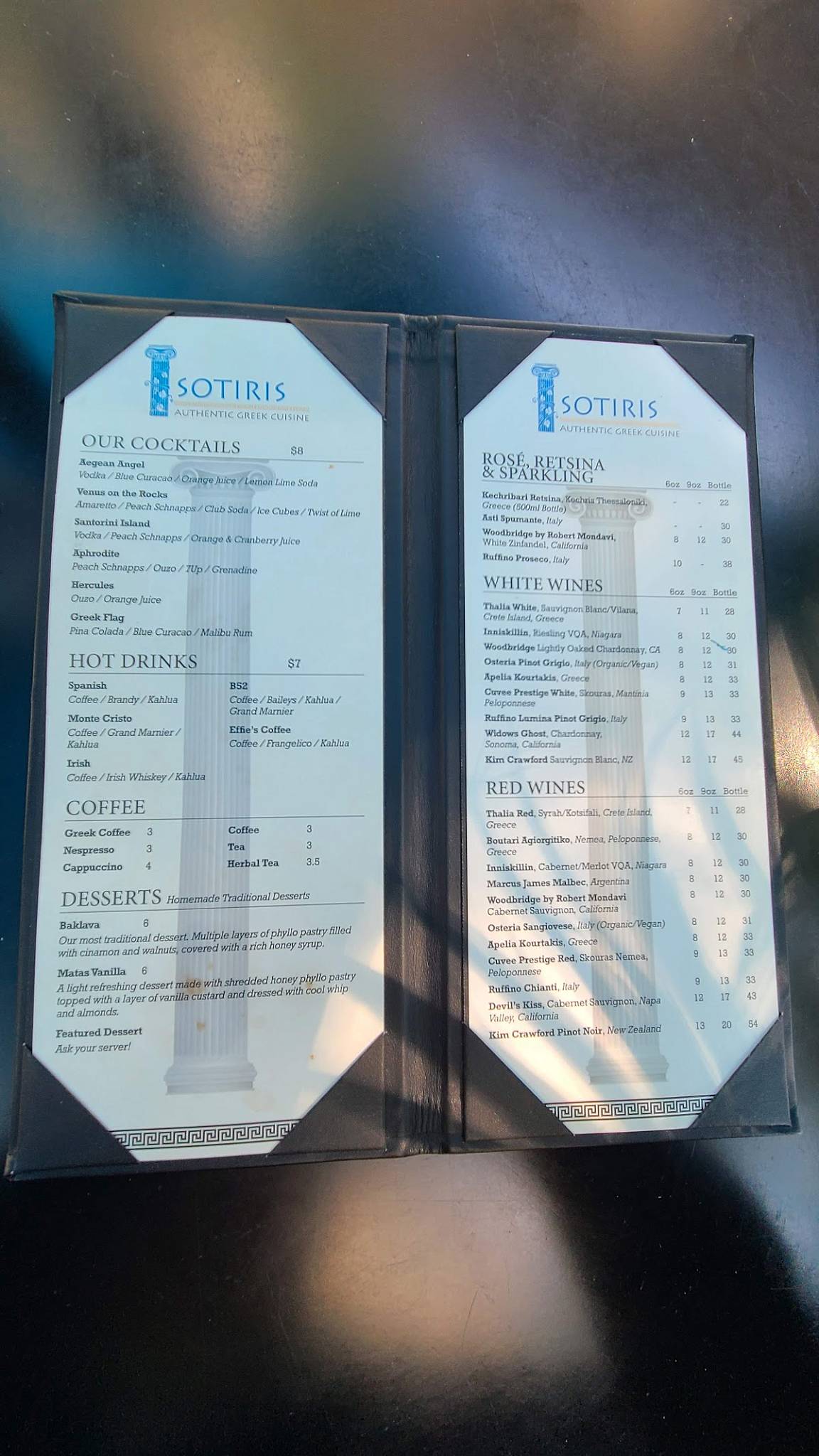 Menu at Sotiris Greek Restaurant, Burlington