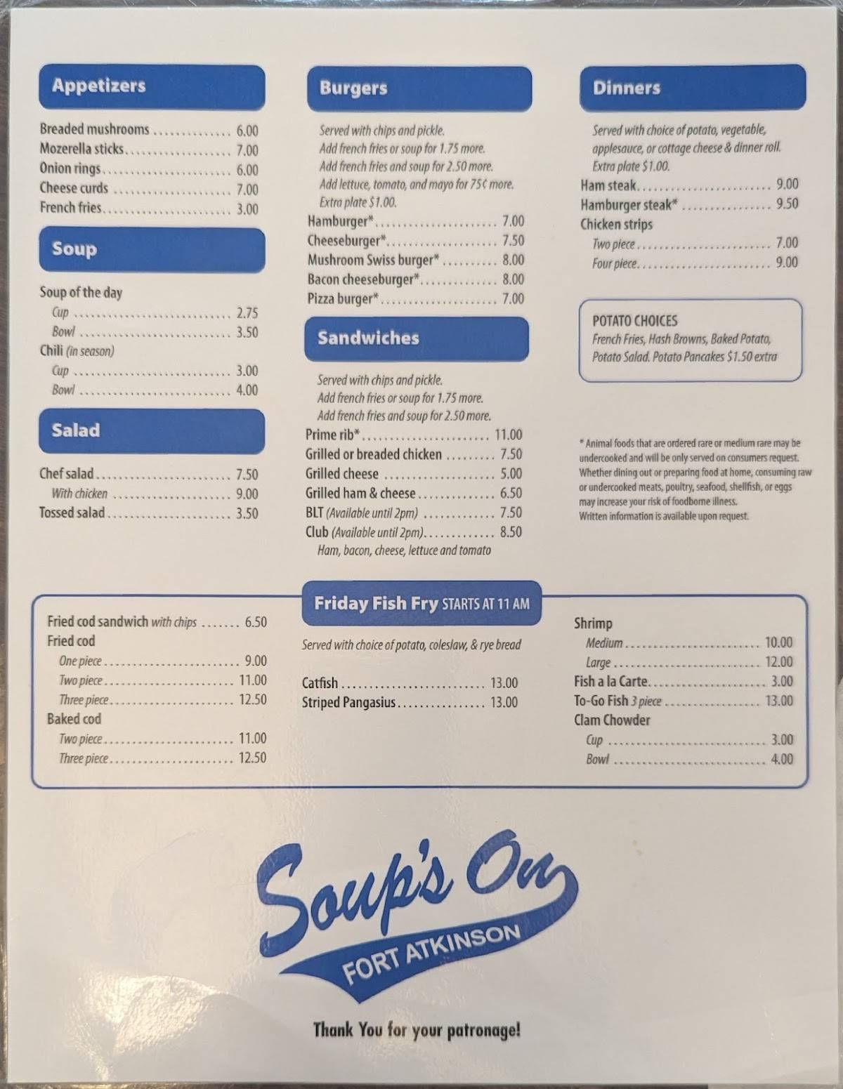 Menu at Soup's On restaurant, Fort Atkinson
