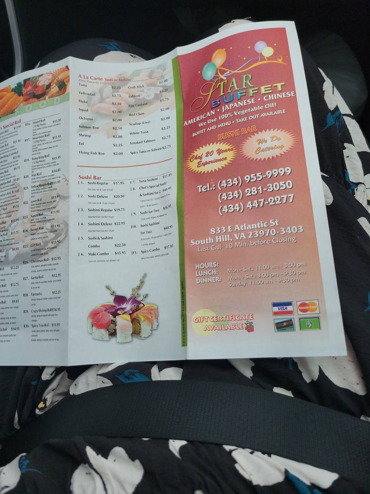 Menu at Star Buffet and Sushi Bar, South Hill