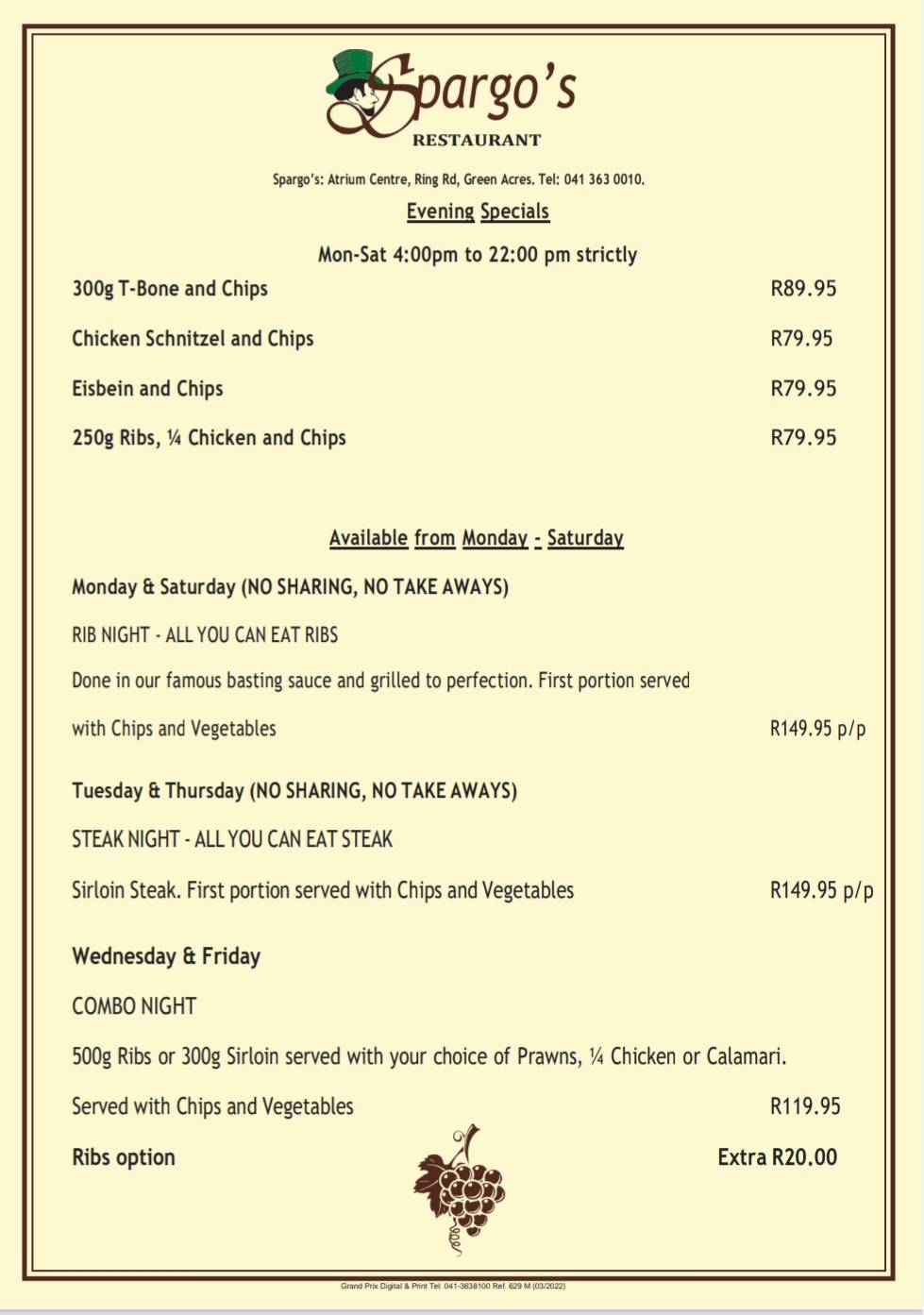 Menu at Spargo's restaurant, Port Elizabeth, Ring Rd