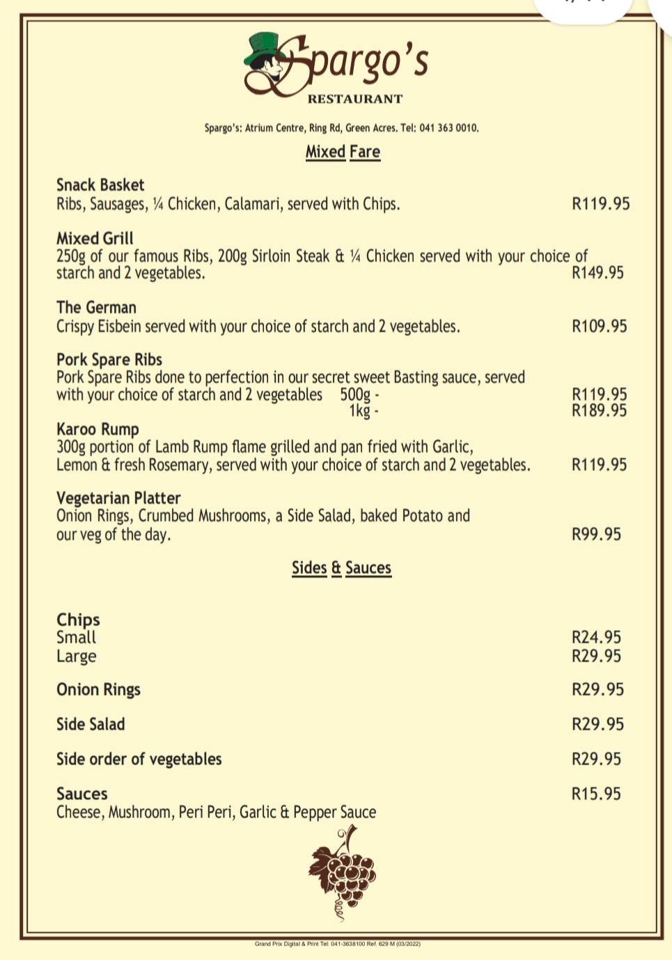 Menu at Spargo's restaurant, Port Elizabeth, Ring Rd
