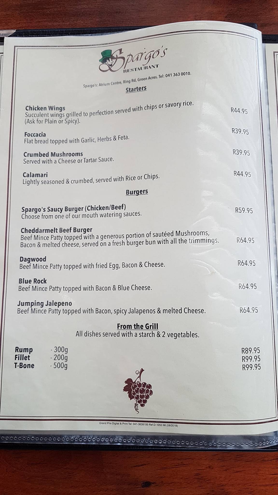 Menu at Spargo's restaurant, Port Elizabeth, Ring Rd
