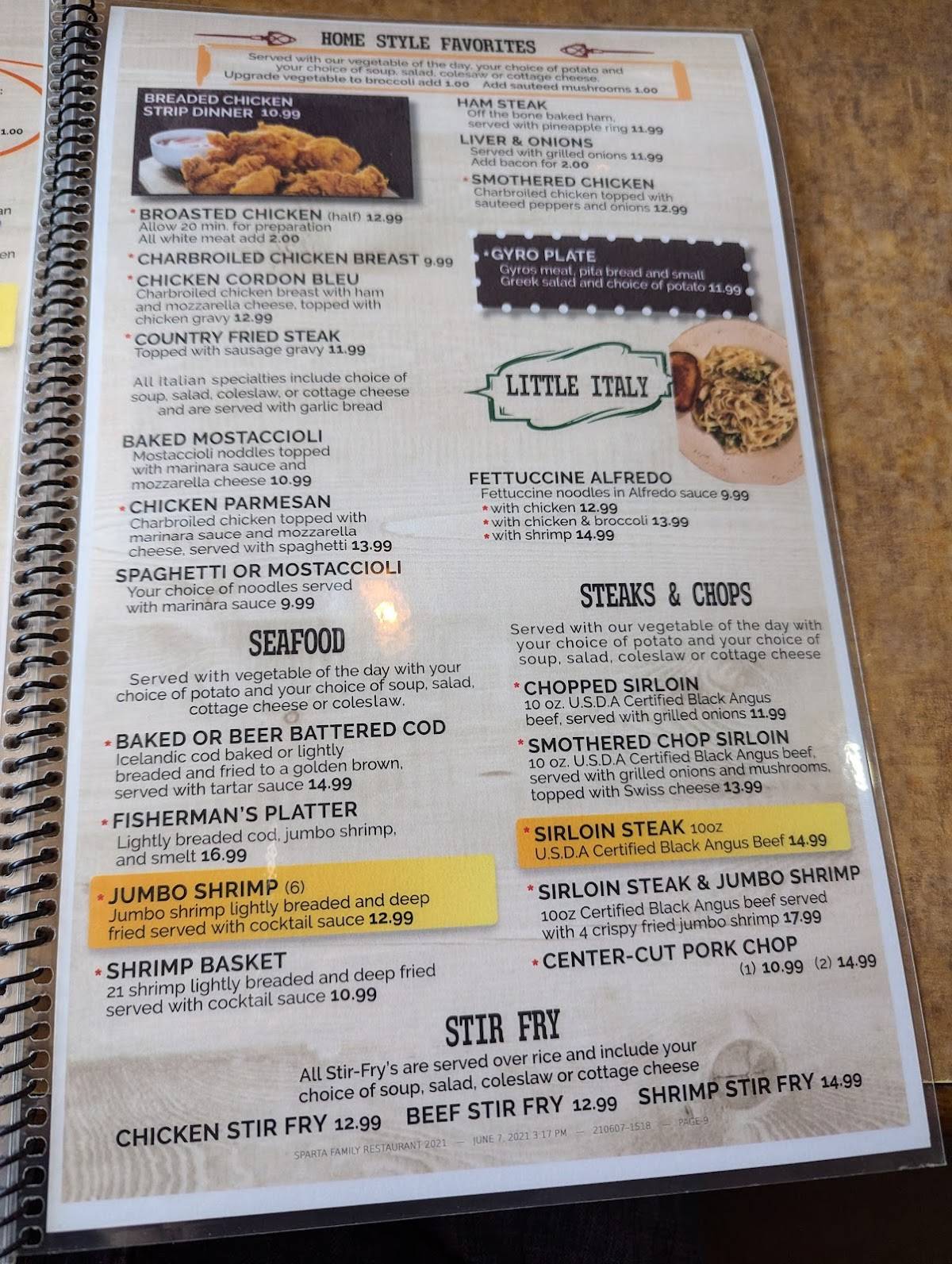Menu at Sparta Family Restaurant, Sparta