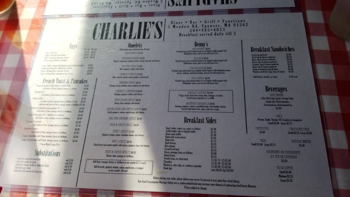 Menu at Charlie's Diner restaurant, Spencer