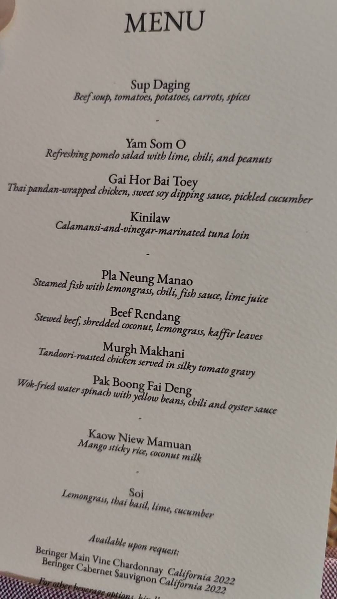Menu at Spices restaurant, Makati
