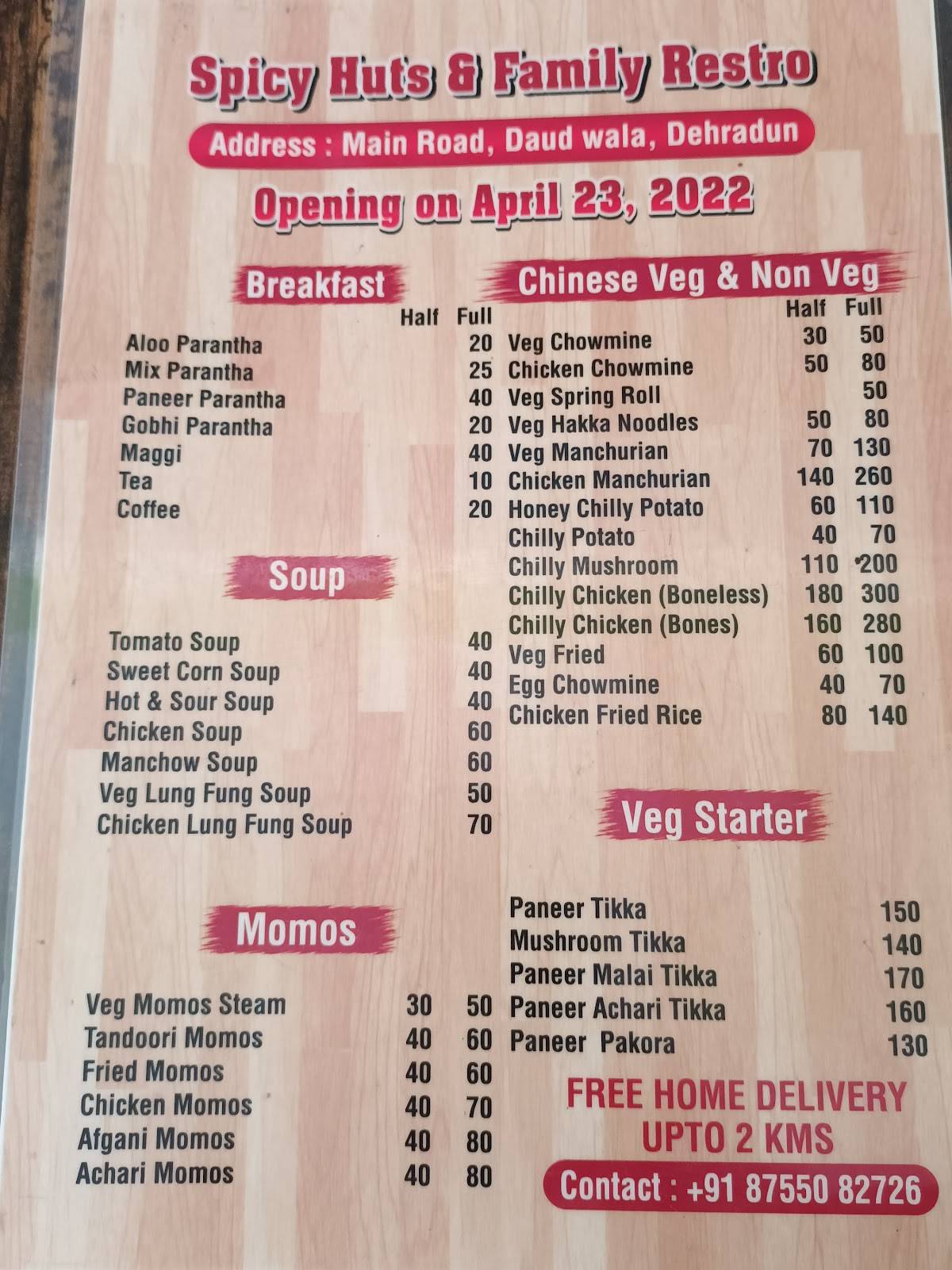 Menu at Spicy Huts And Family Restaurant, Dehradun