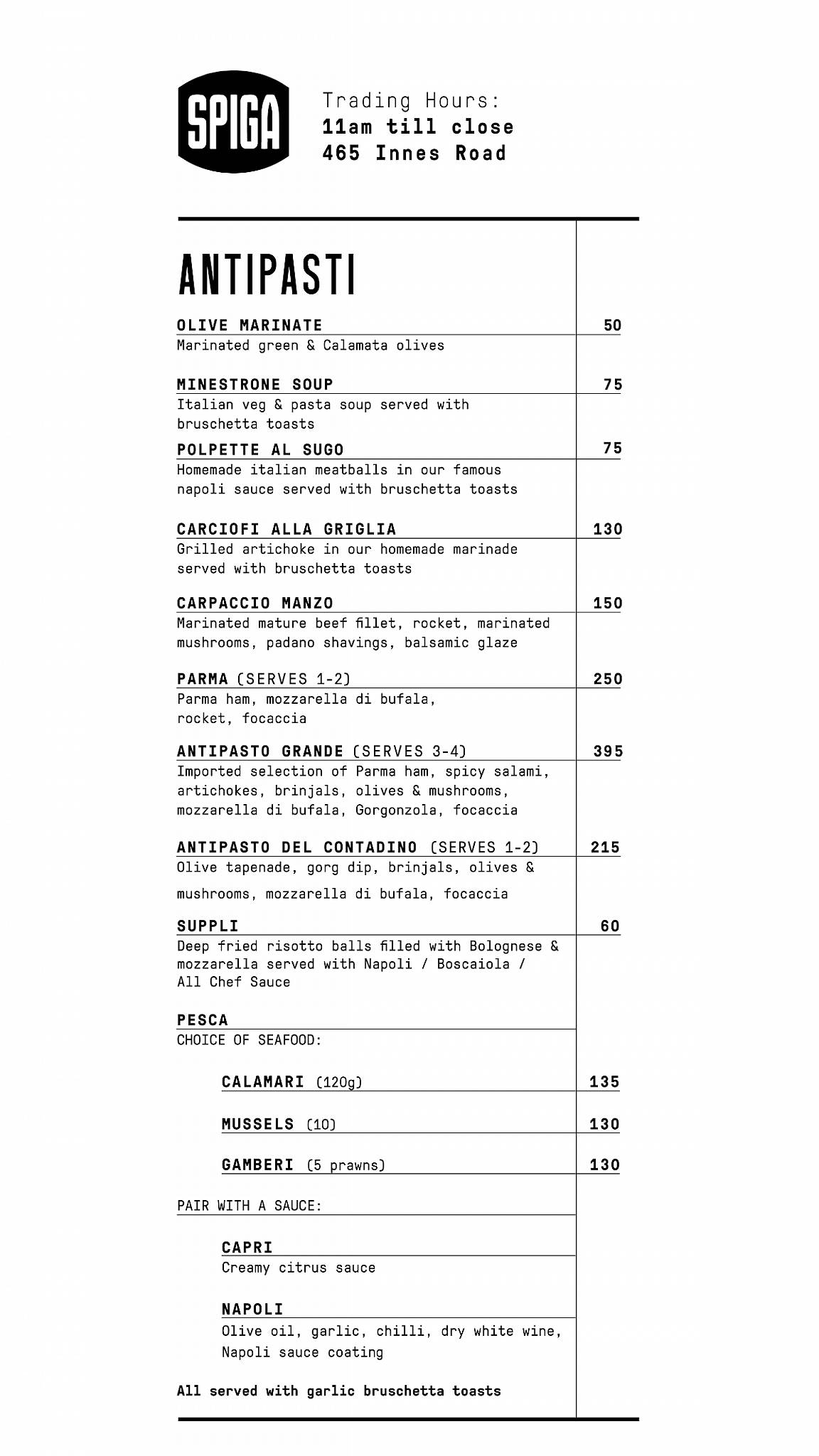 Menu at Spiga restaurant, Durban, 465 Innes Rd