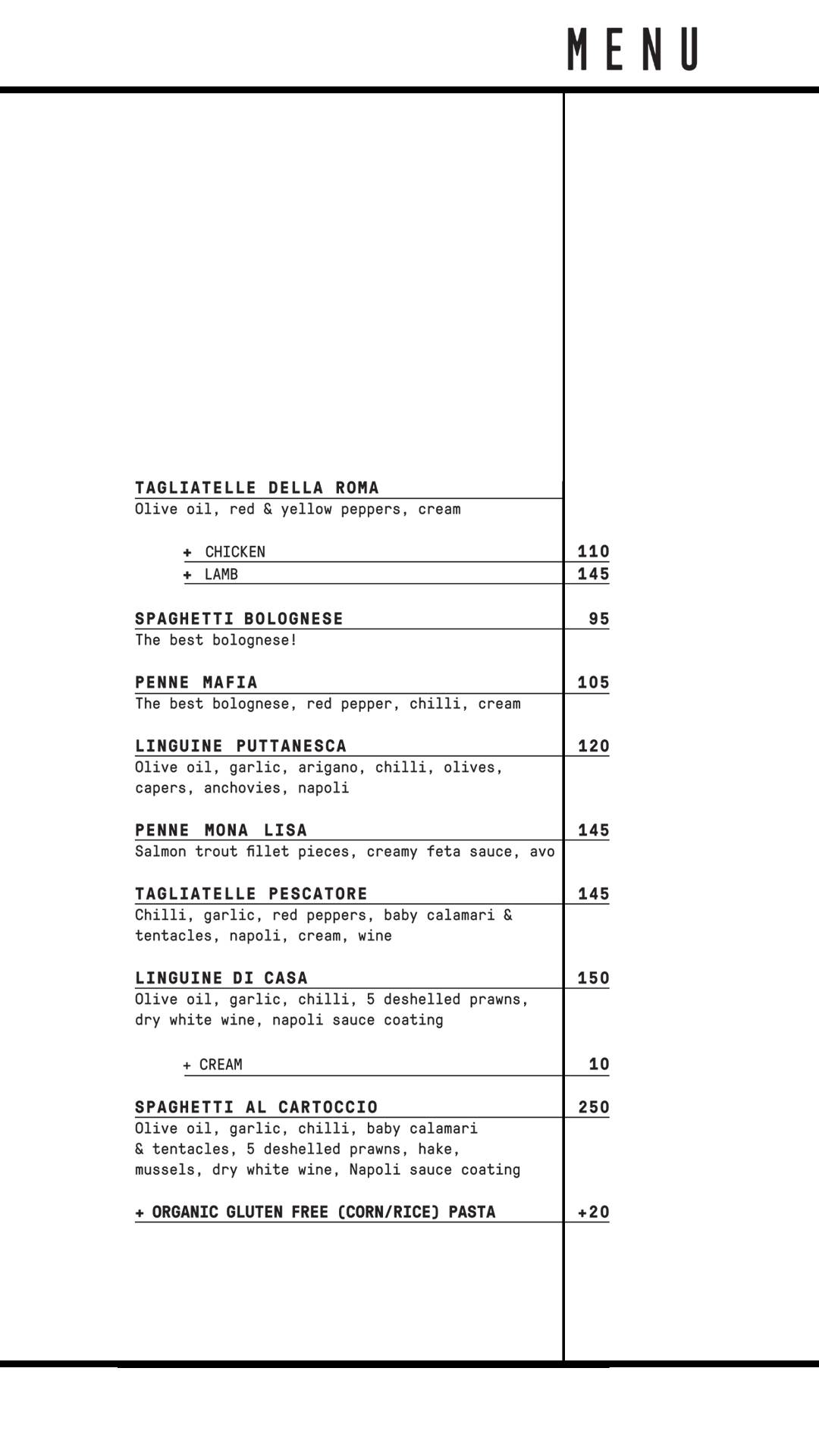 Menu at Spiga restaurant, Durban, 465 Innes Rd