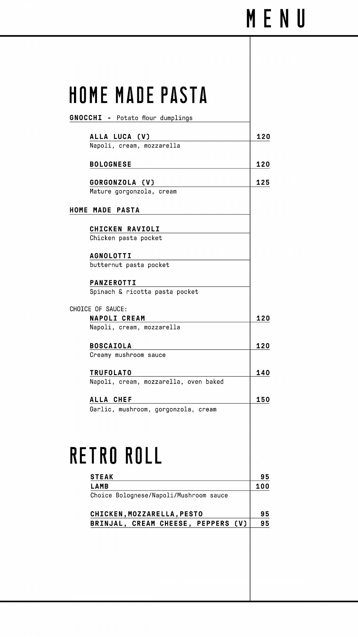 Menu at Spiga restaurant, Durban, 465 Innes Rd