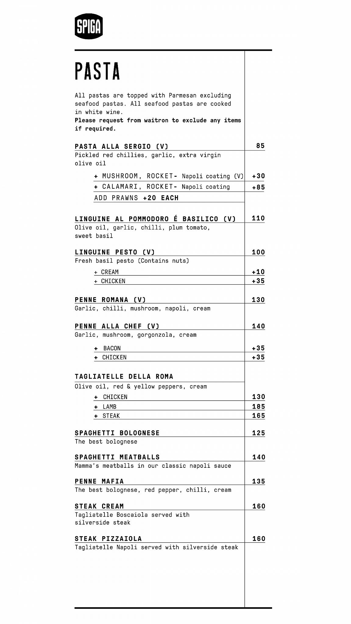 Menu at Spiga restaurant, Durban, 465 Innes Rd