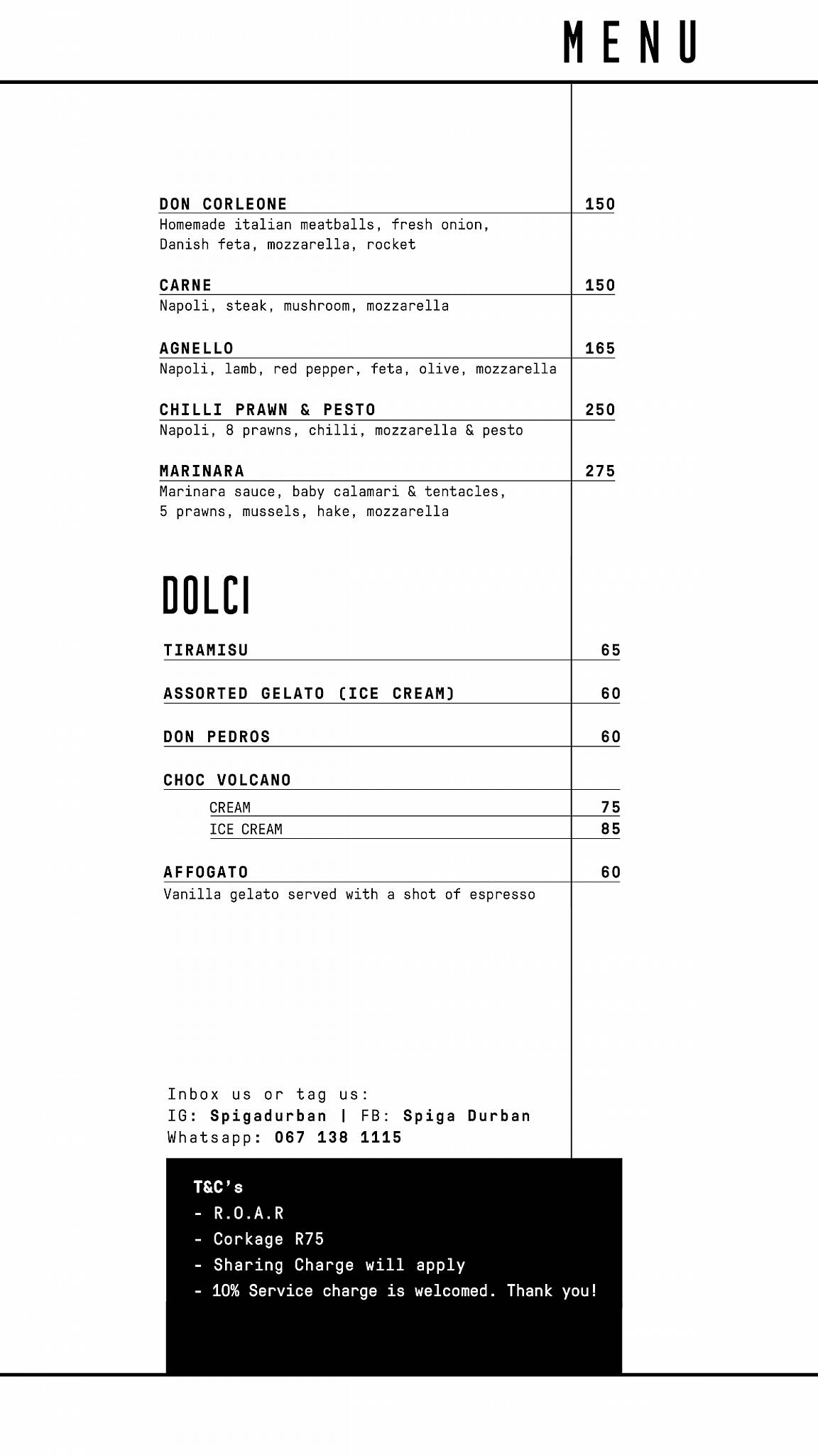 Menu at Spiga restaurant, Durban, 465 Innes Rd