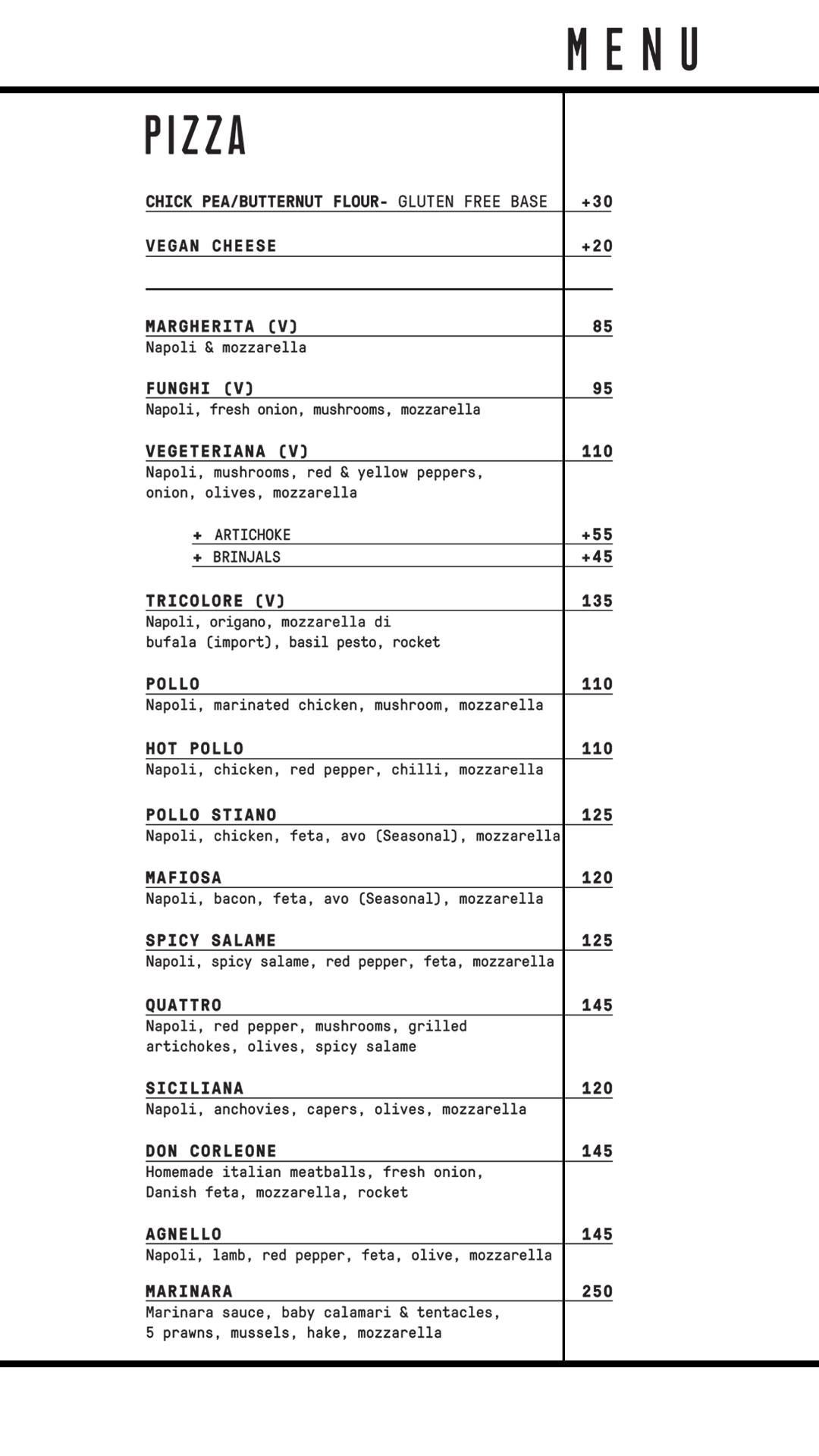 Menu at Spiga restaurant, Durban, 465 Innes Rd