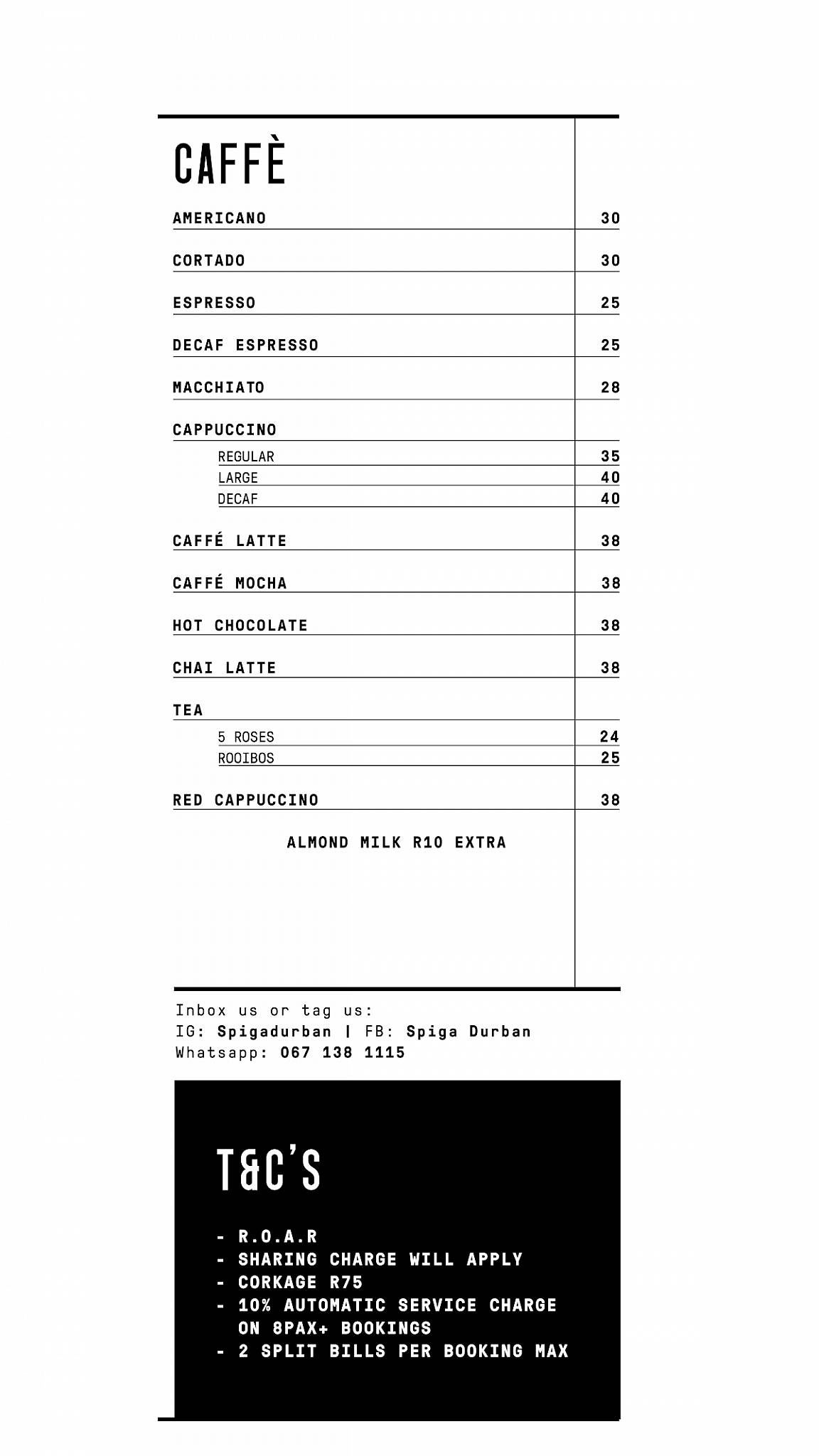 Menu at Spiga restaurant, Durban, 465 Innes Rd