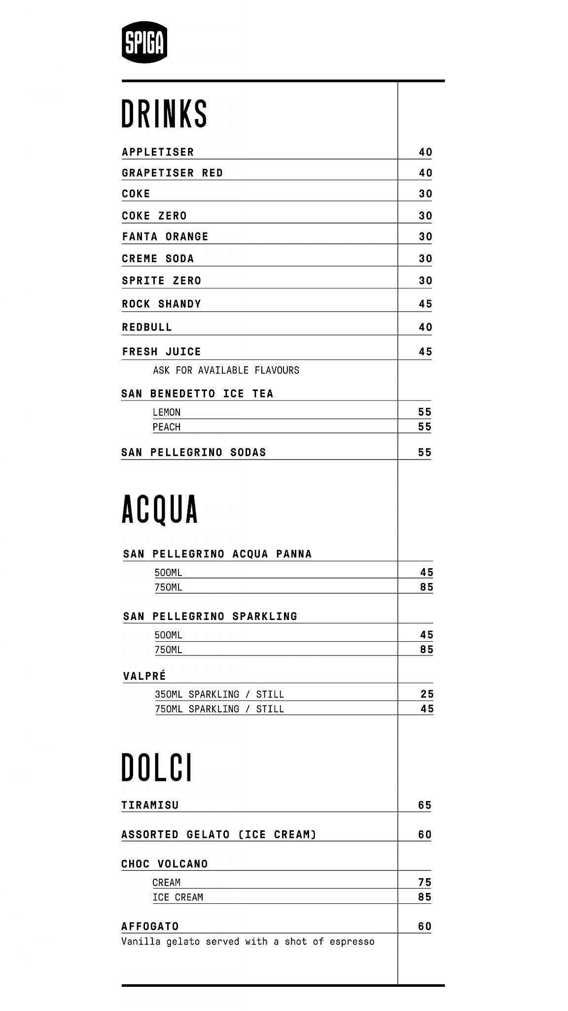 Menu at Spiga restaurant, Durban, 465 Innes Rd