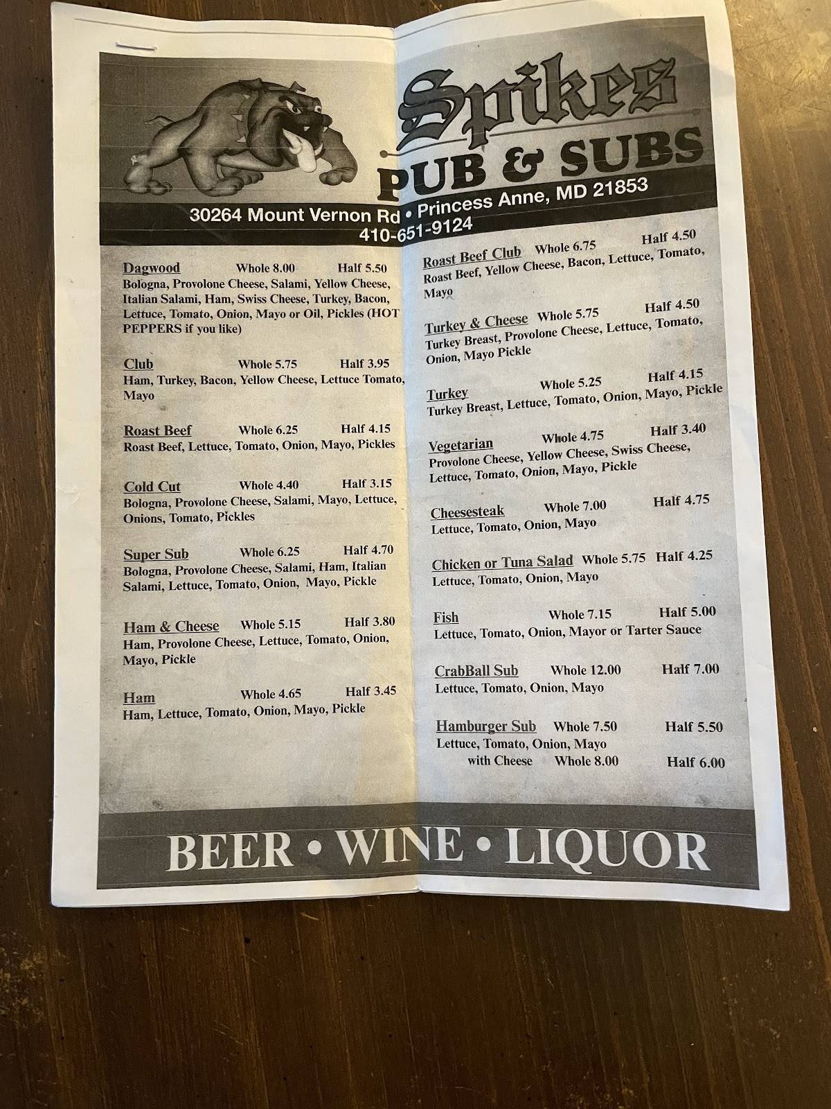 Menu at Spikes Pub & Subs, Princess Anne