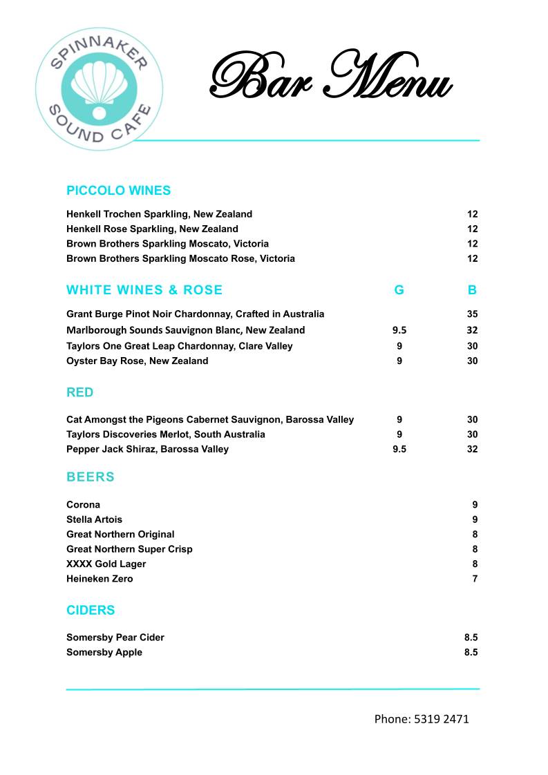 Menu at Spinnaker Sound Cafe, Sandstone Point