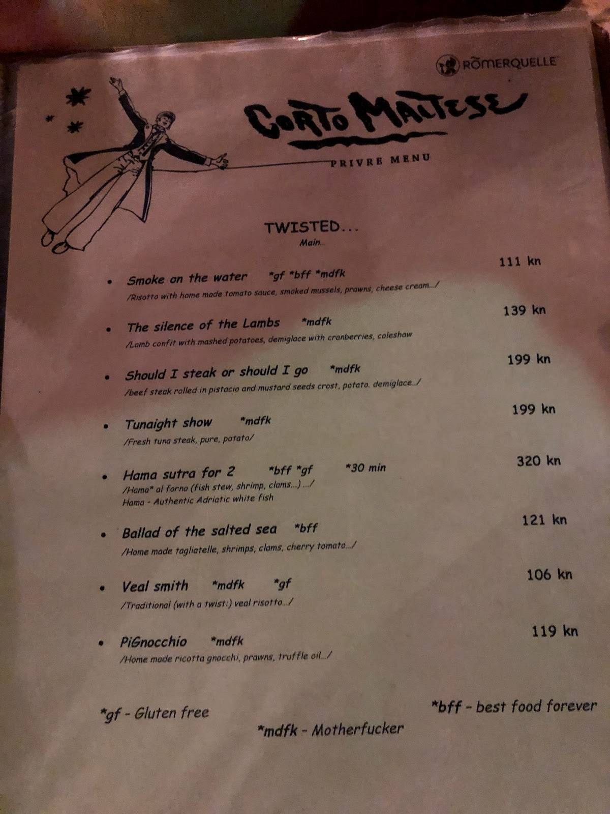 Menu at Corto Maltese Freestyle food restaurant, Split, Obrov ul. 7