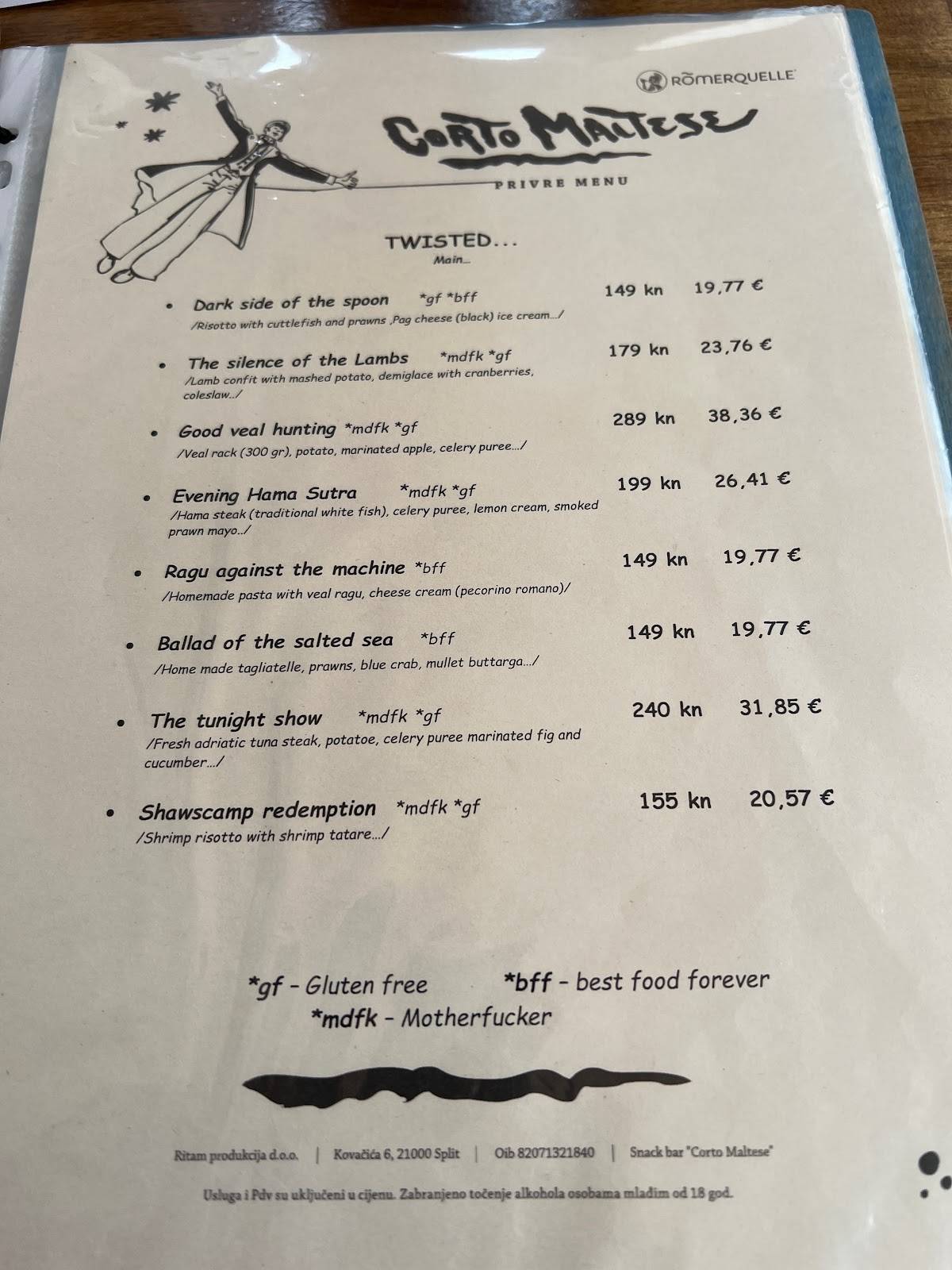 Menu at Corto Maltese Freestyle food restaurant, Split, Obrov ul. 7