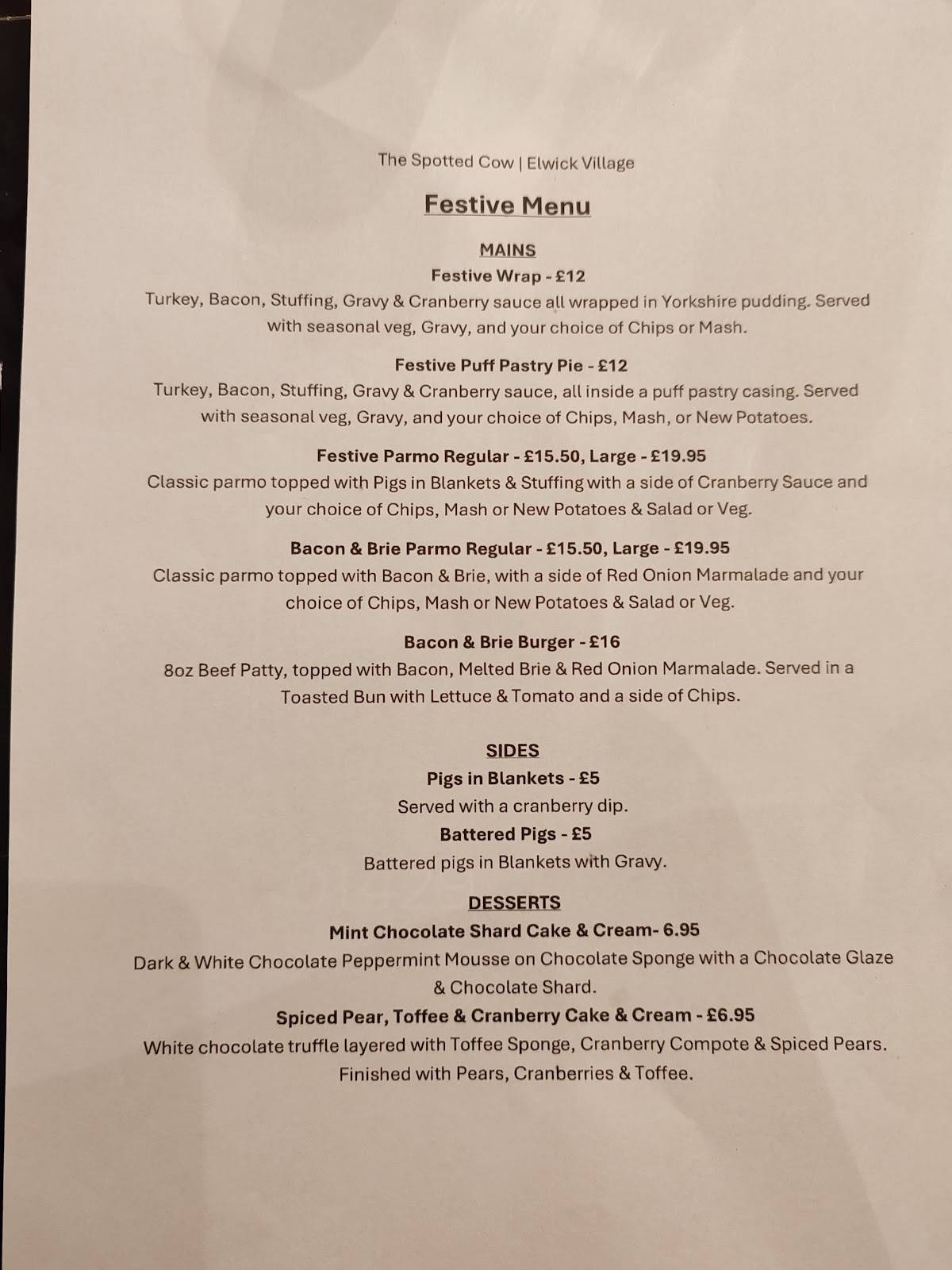 Menu at Spotted Cow pub & bar, Hartlepool, 31 The Grn