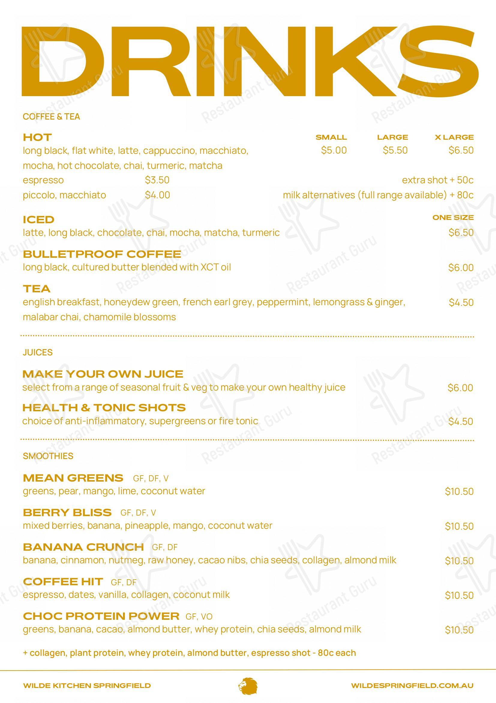 Menu at Wilde Kitchen Springfield cafe, Springfield Central